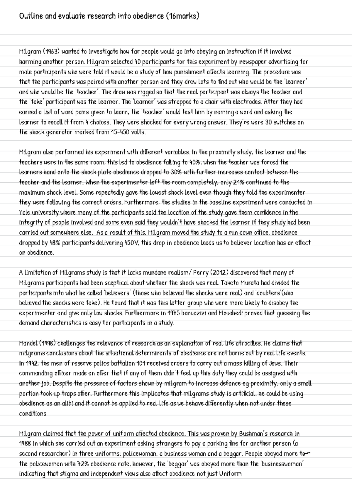 16 Marker Obedience - Outline and evaluate research into obedience ...