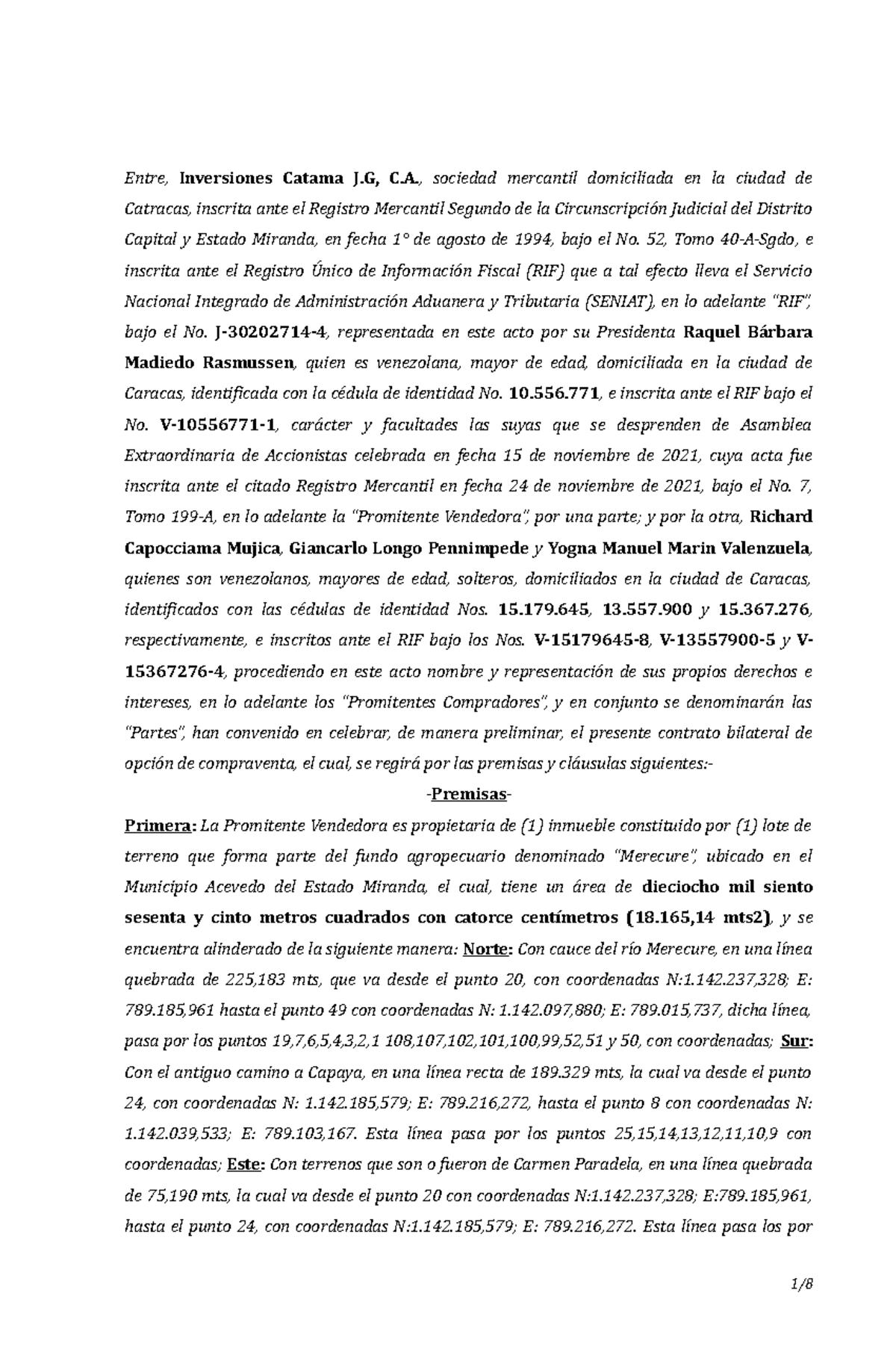 Contrato Opción DE Compraventa Catama Arenera - Entre, Inversiones ...