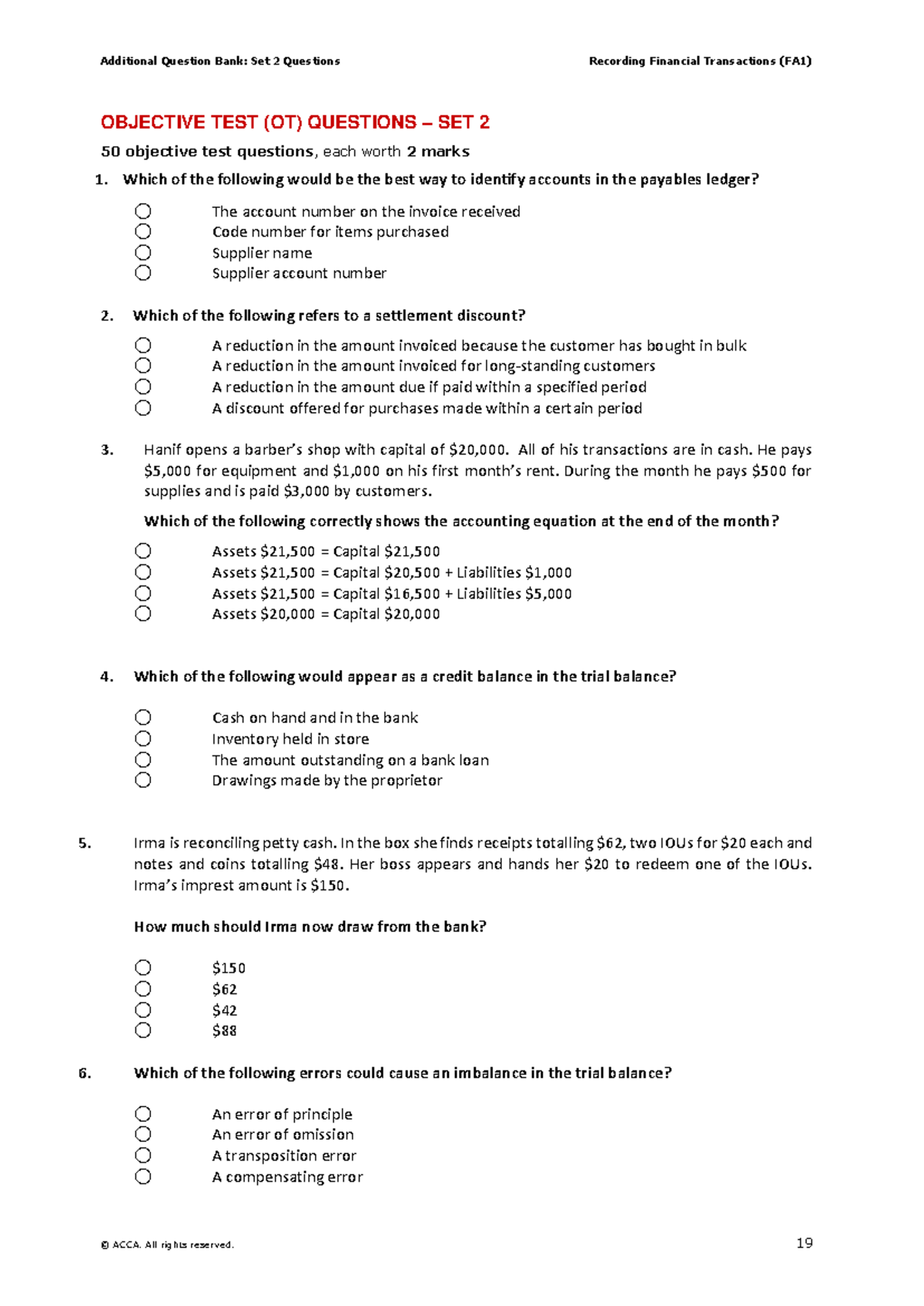 FA1 - Question Bank Set 2 - OBJECTIVE TEST (OT) QUESTIONS – SET 2 50 ...