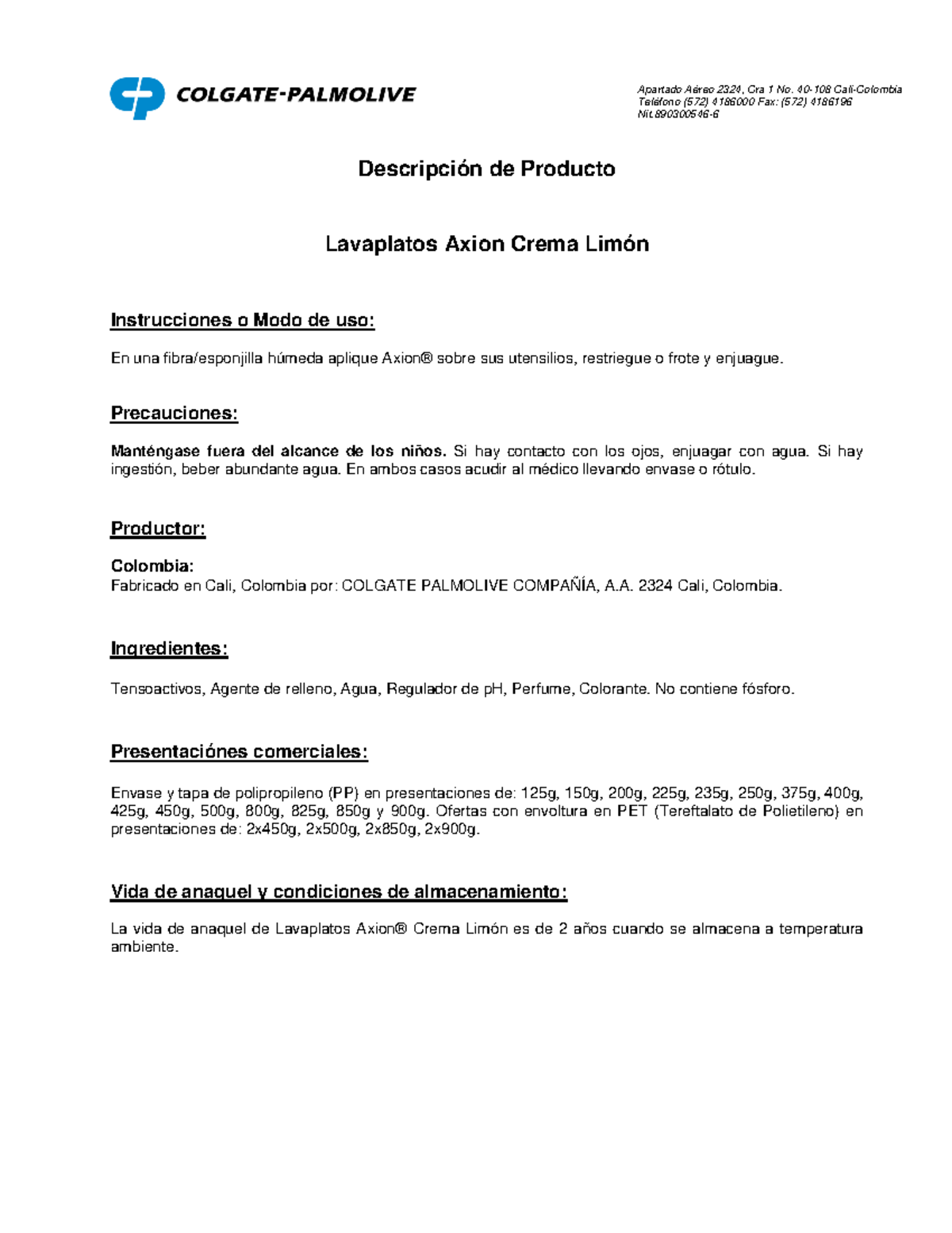 Ficha Tecnica DE Axion EN Crema - Descripción de Producto Apartado ...