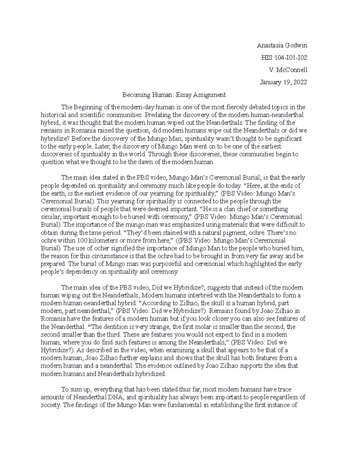 Chapter 1 Becoming Human Essay - Anastasia Godwin HIS 104-I01-I V ...