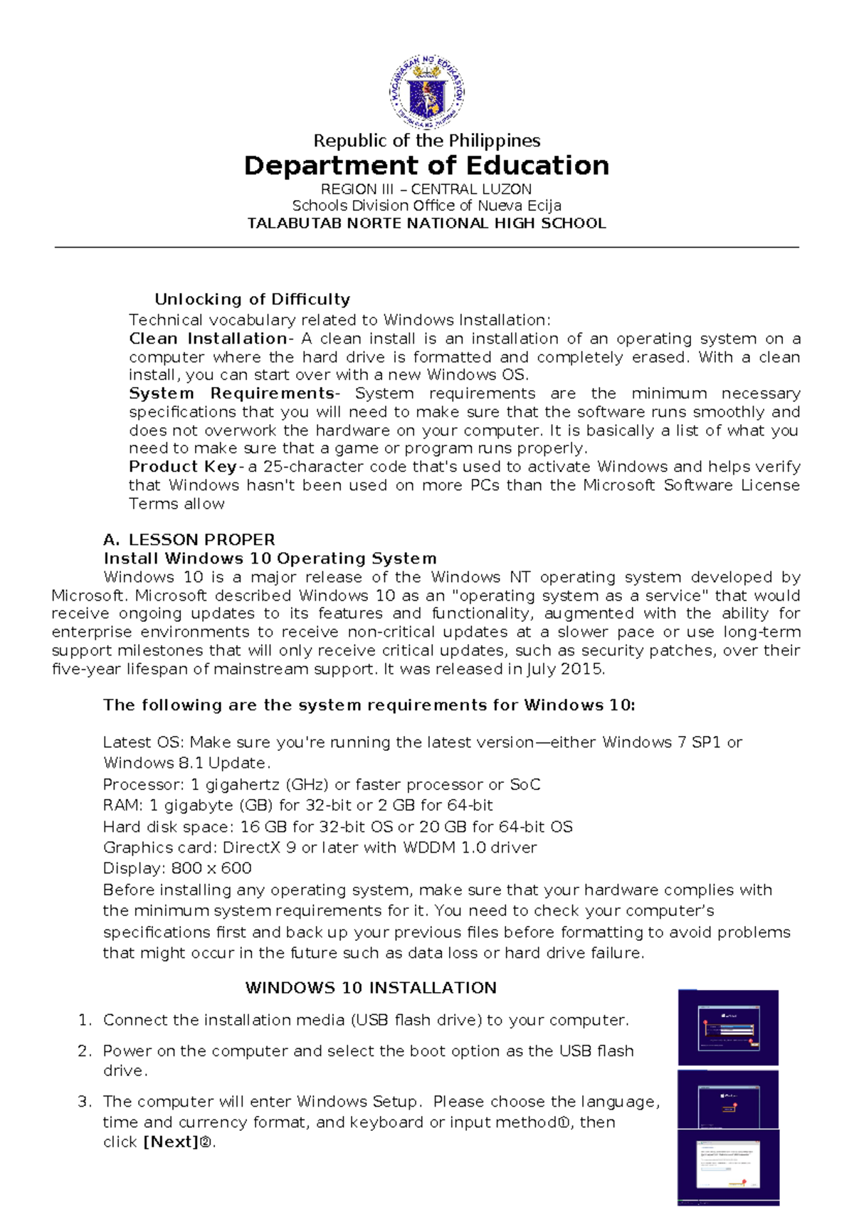 Installing-Windows-10 - Republic of the Philippines Department of ...