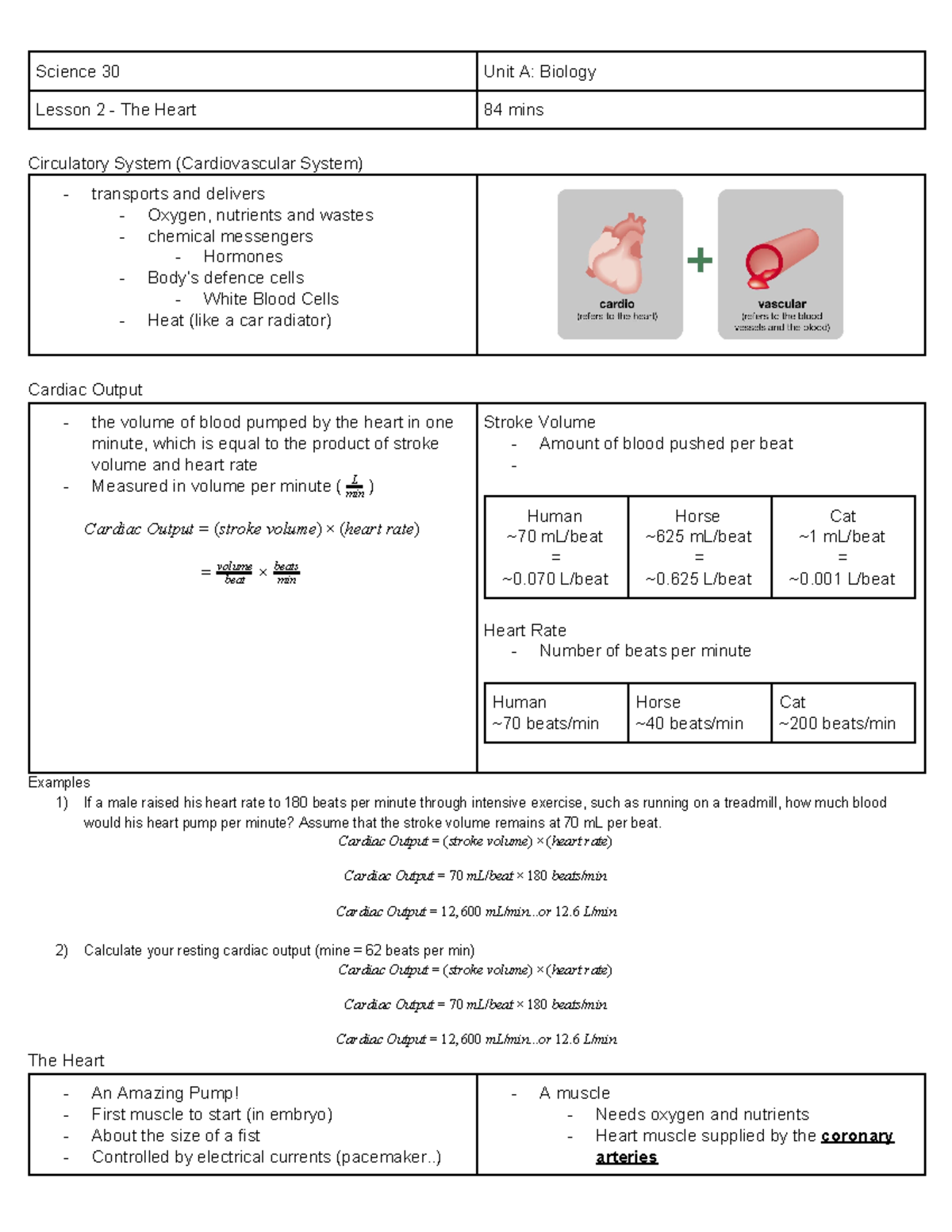 The Heart - Review + Practice problems - Science 30 Unit A: Biology ...