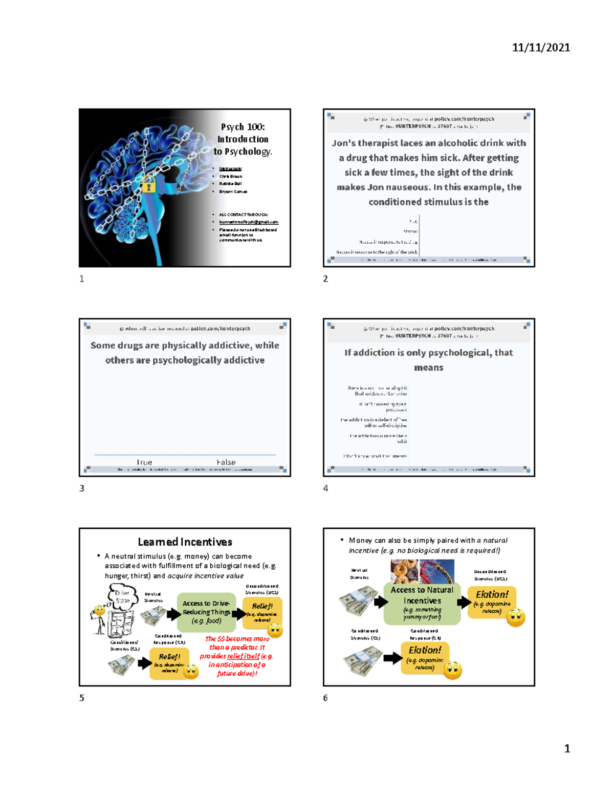 Lecture 20 F2021 before class - Psych 100: Introduction to Psychology. Instructors: Chris Braun ...
