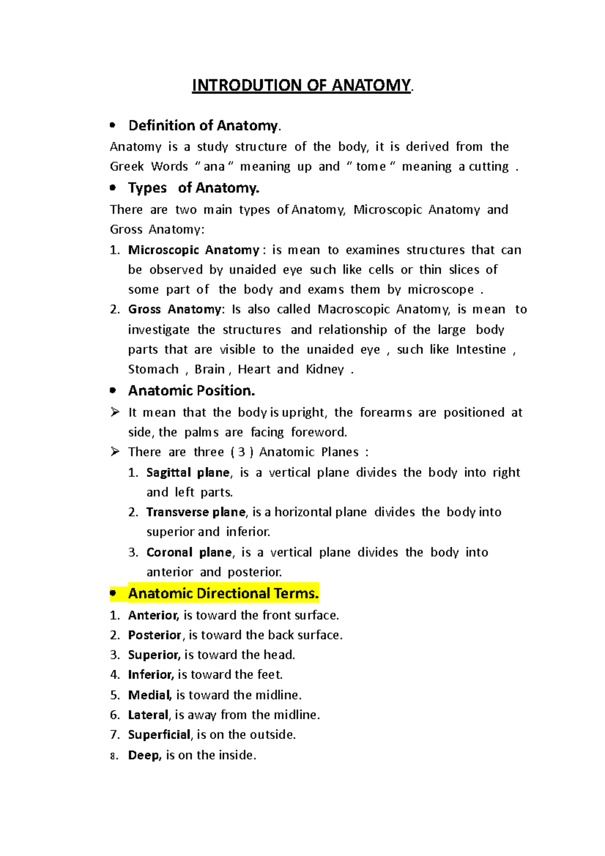 Introdution OF Anatomy - INTRODUTION OF ANATOMY. Definition of Anatomy ...