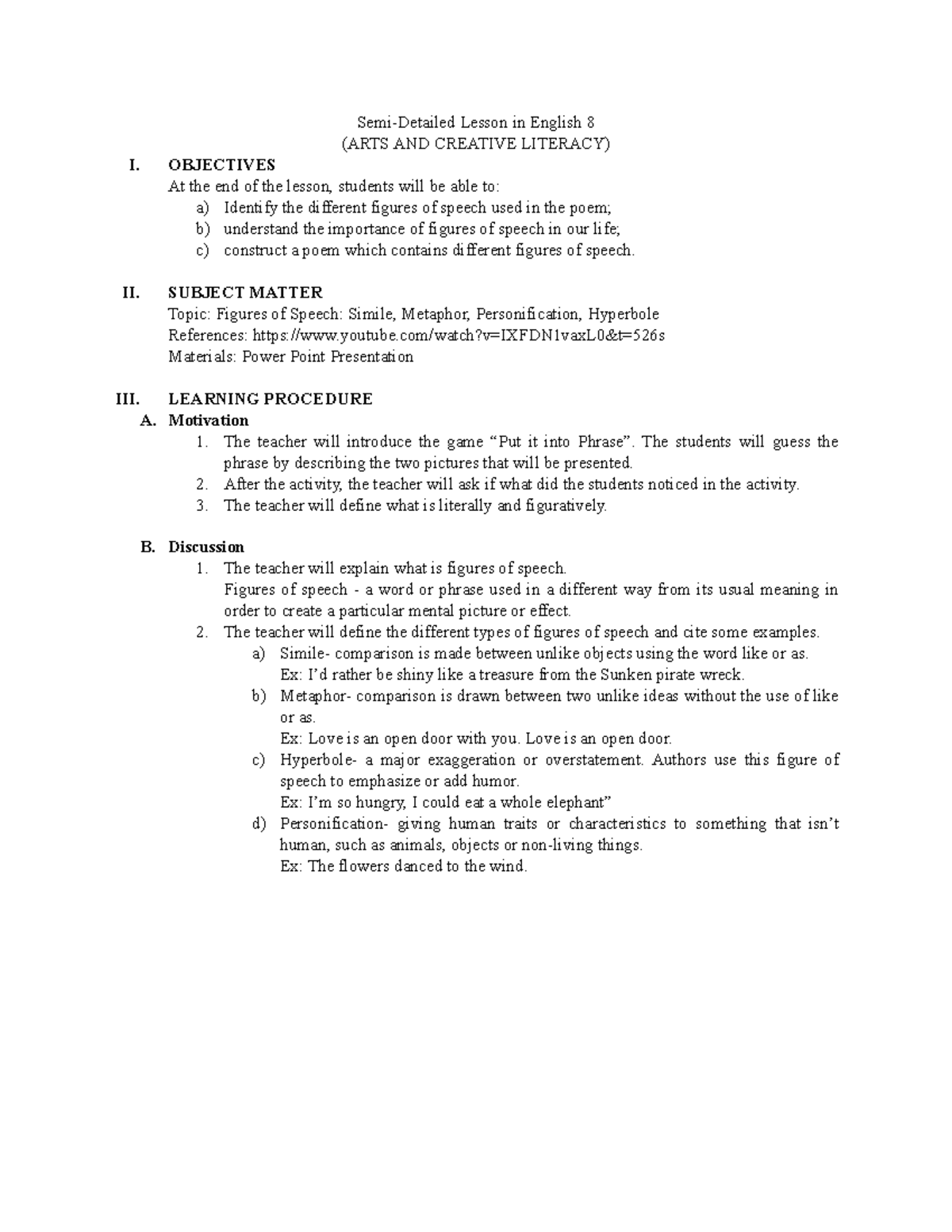 Prof Ed 119- Figures of Speech - Semi-Detailed Lesson in English 8 ...