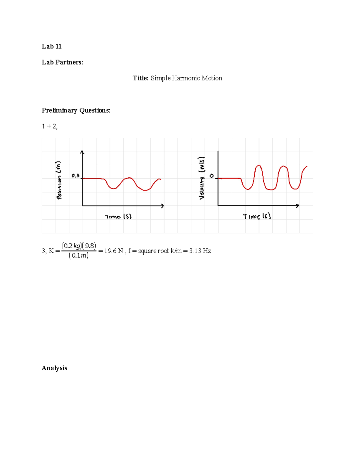 Lab 11 Report - XXXX - Lab 11 Lab Partners: Title: Simple Harmonic Motion Preliminary Questions ...