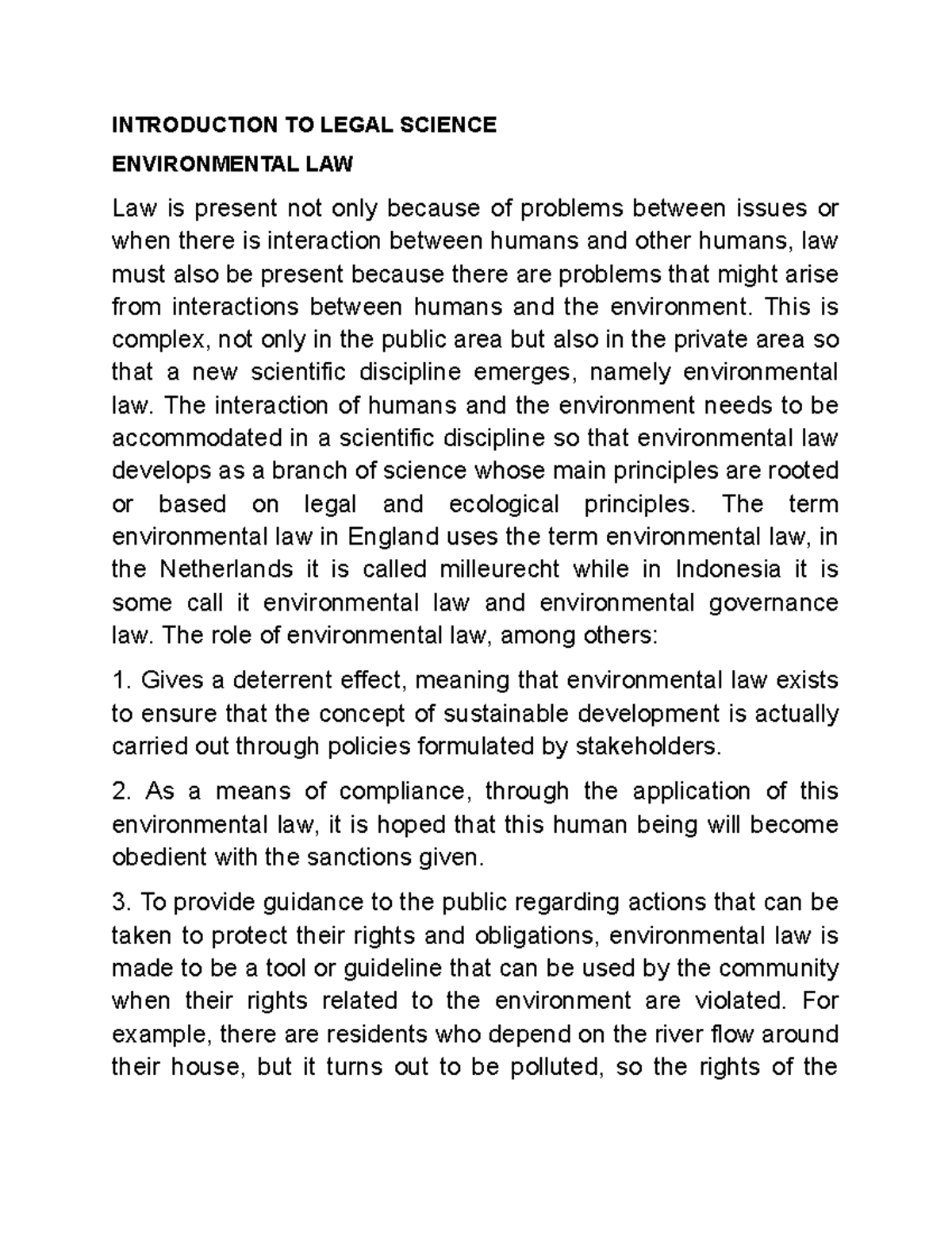 Environmental Law - INTRODUCTION TO LEGAL SCIENCE ENVIRONMENTAL LAW Law ...