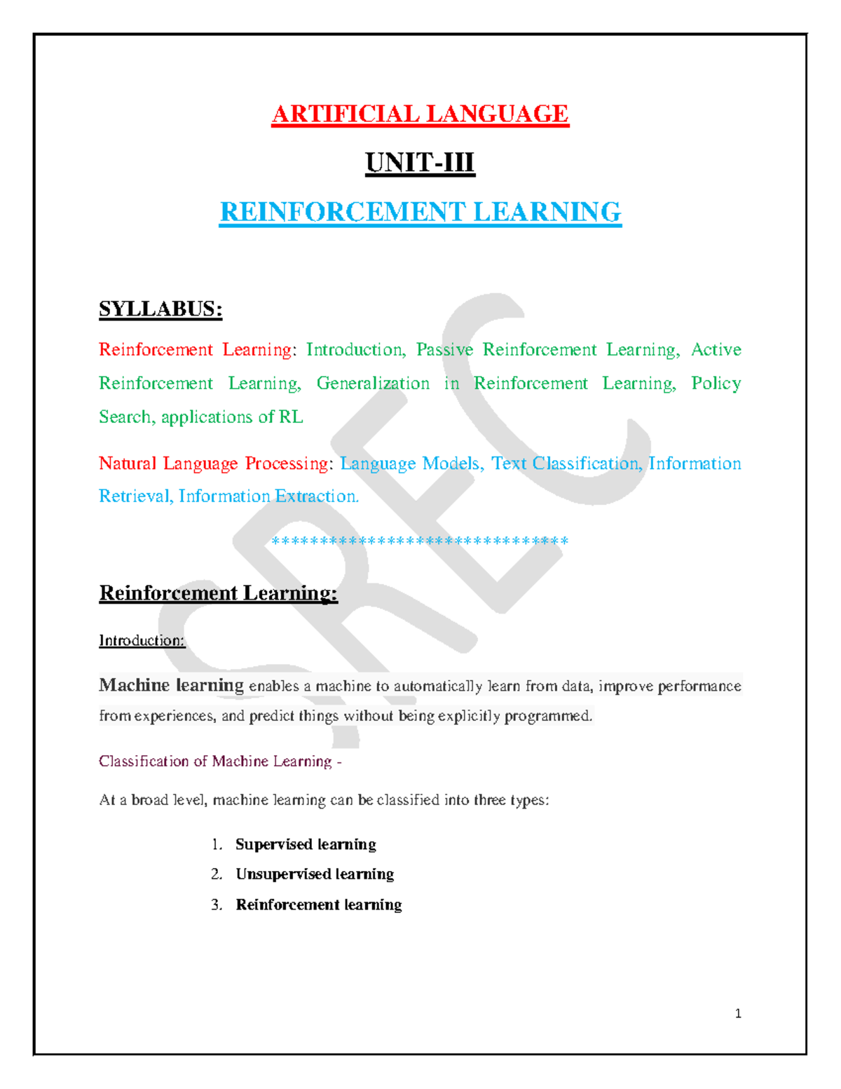 AI UNIT 3 - GOOD - ARTIFICIAL LANGUAGE UNIT-III REINFORCEMENT LEARNING SYLLABUS: Reinforcement ...