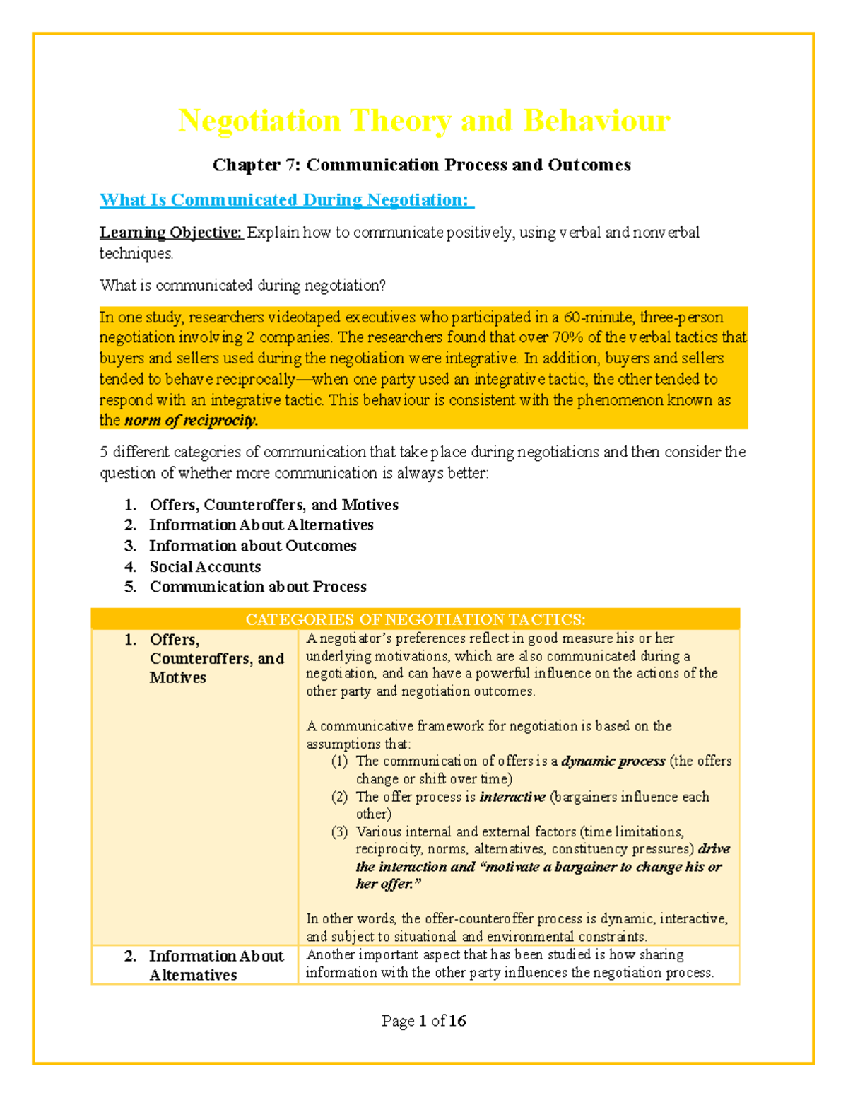 Negotiation Ch 7 Note - Negotiation Theory and Behaviour Chapter 7 ...
