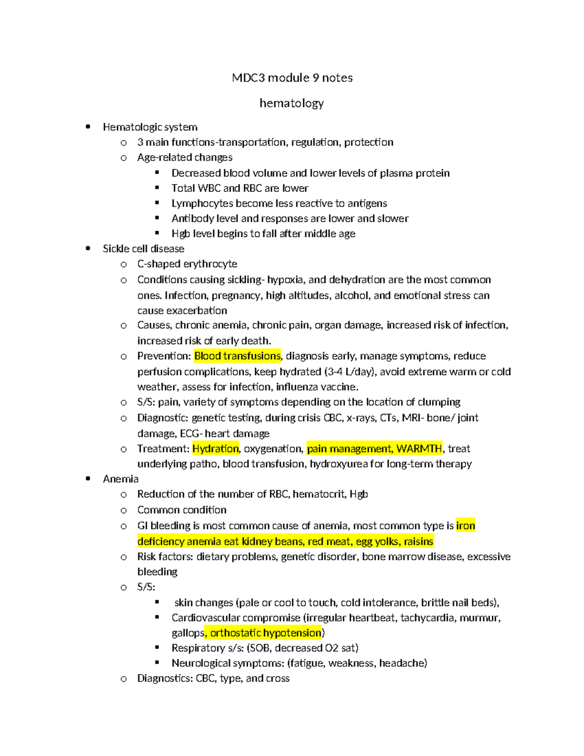 MDC3 module 9 notes - MDC3 module 9 notes hematology Hematologic system ...