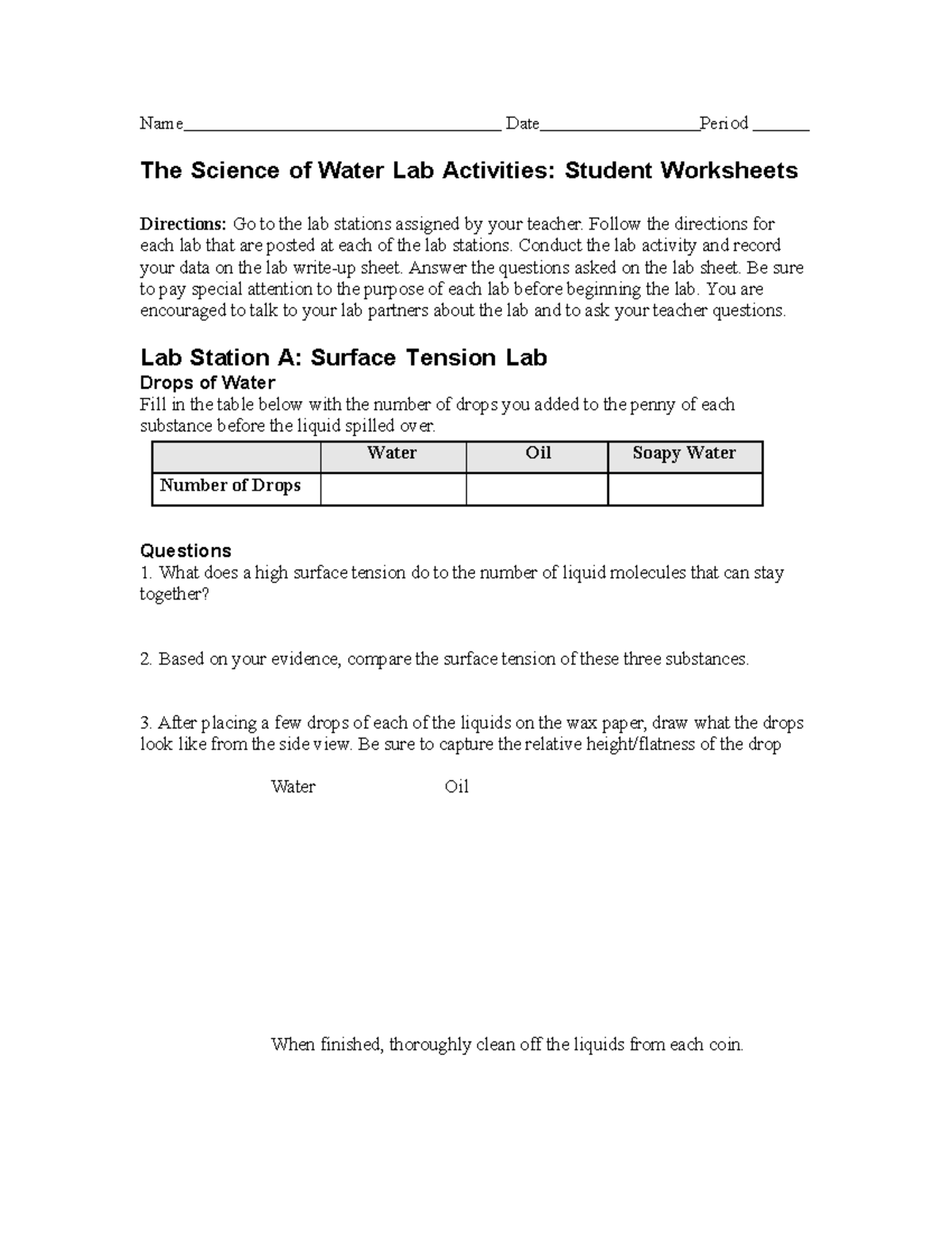 Properties of water - Name Date Period The Science of Water Lab ...