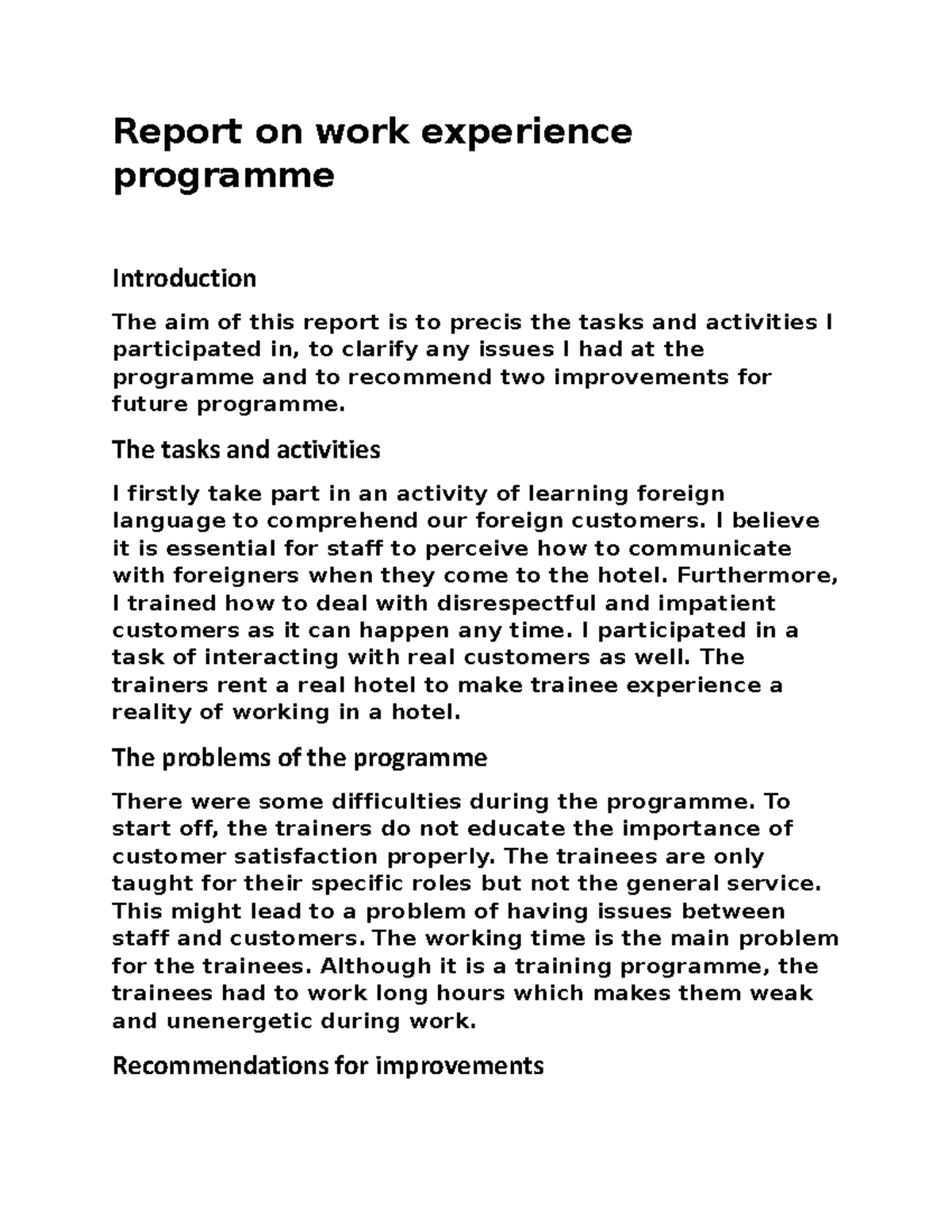 Co - okok - Report on work experience programme Introduction The aim of ...