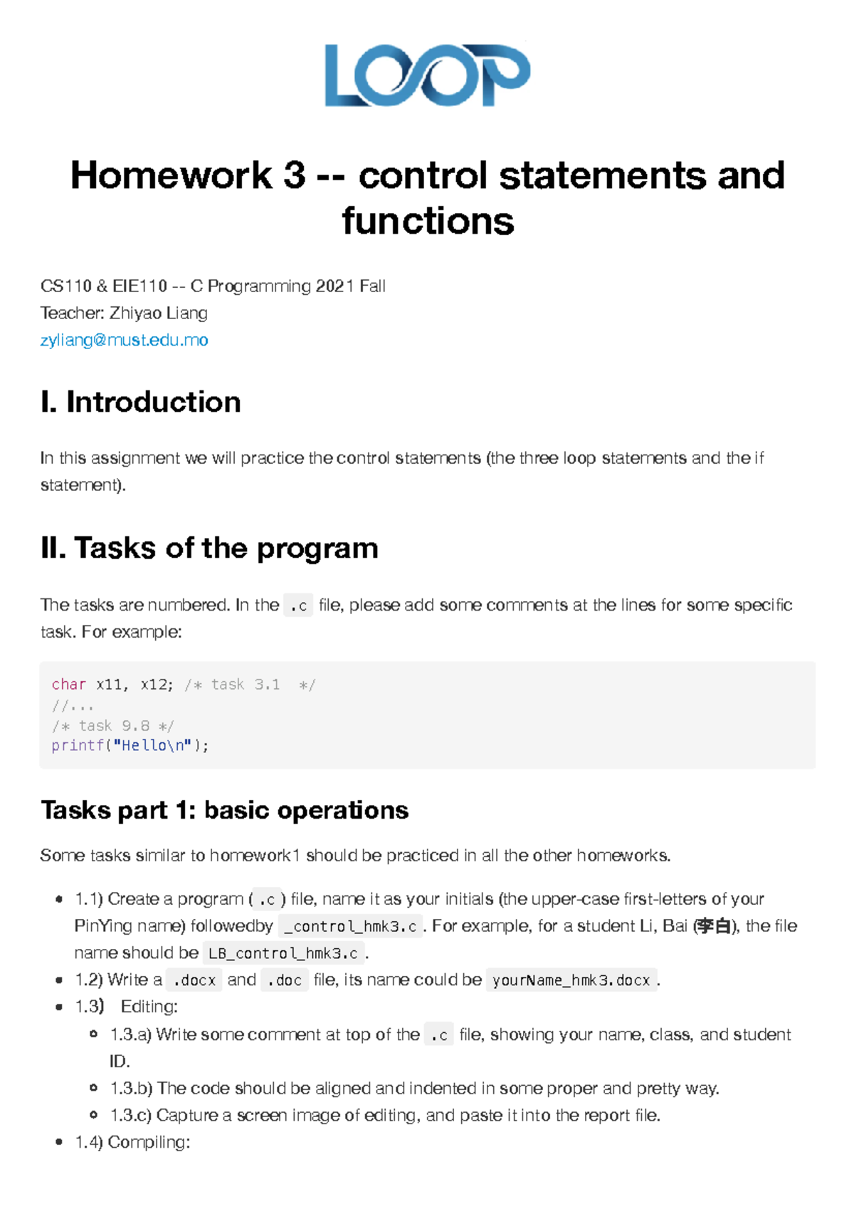 Hmk3 cs eie 110 2021 Fall - Homework 3 - control statements and functions CS110 & EIE110 - C ...