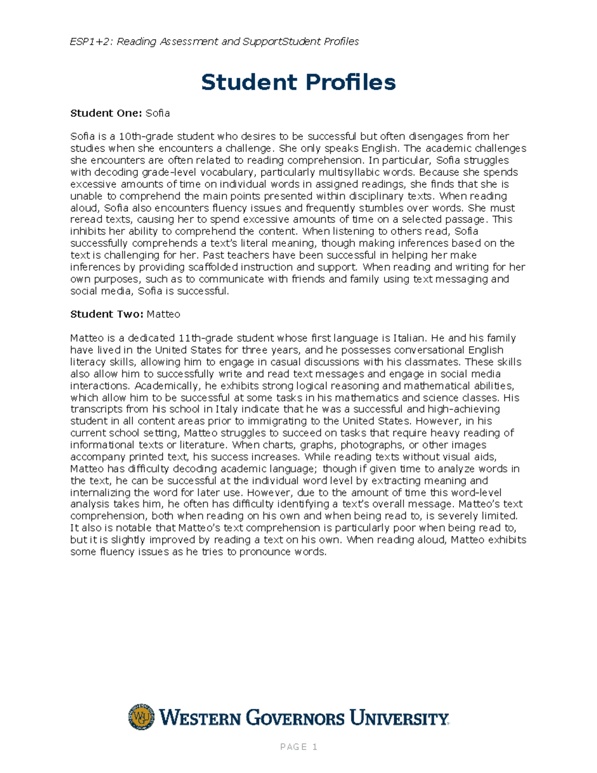 Student Profiles - case study - ESP1+2: Reading Assessment and ...