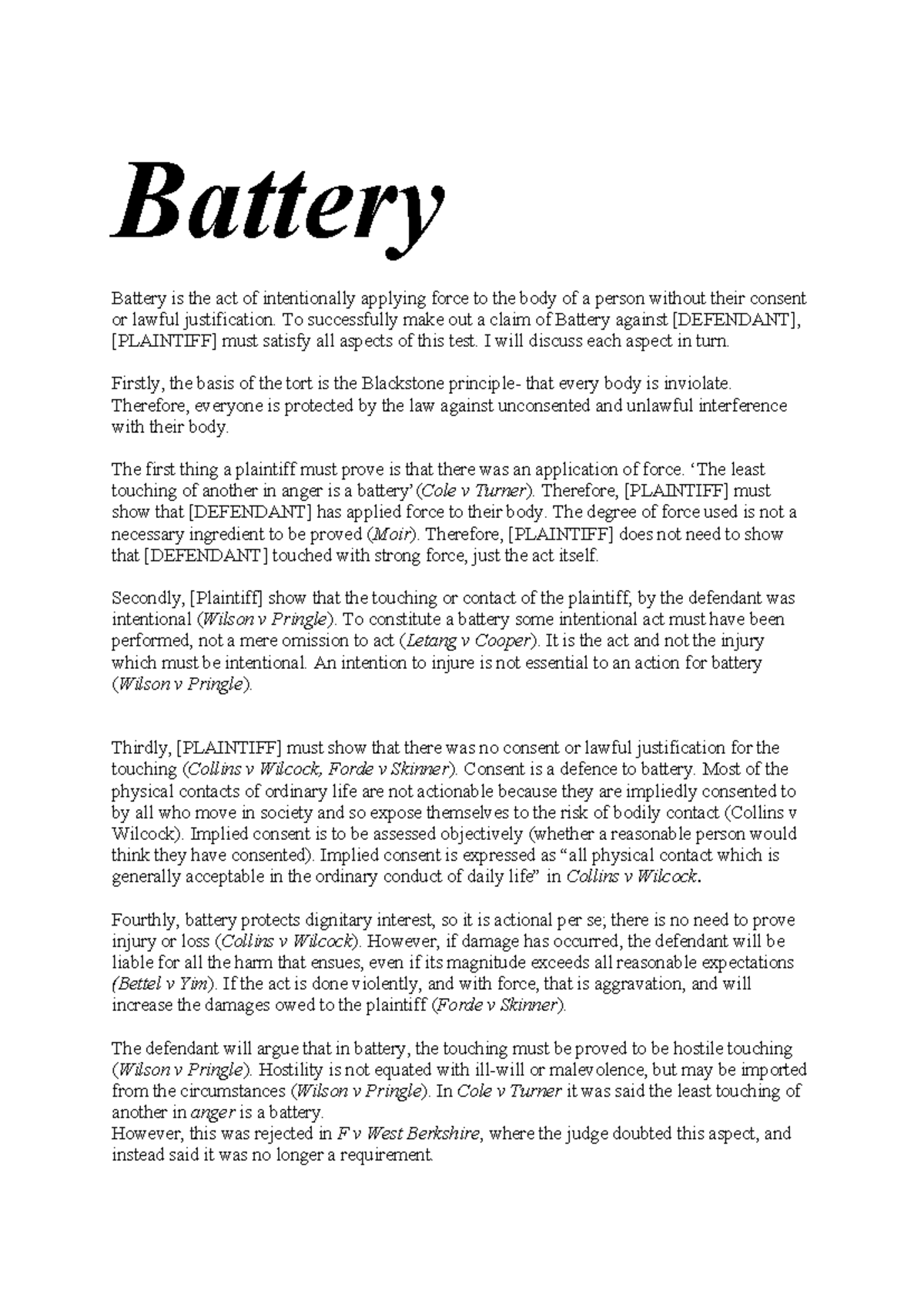 Torts Exam Notes and structure - First Half - Battery Battery is the ...