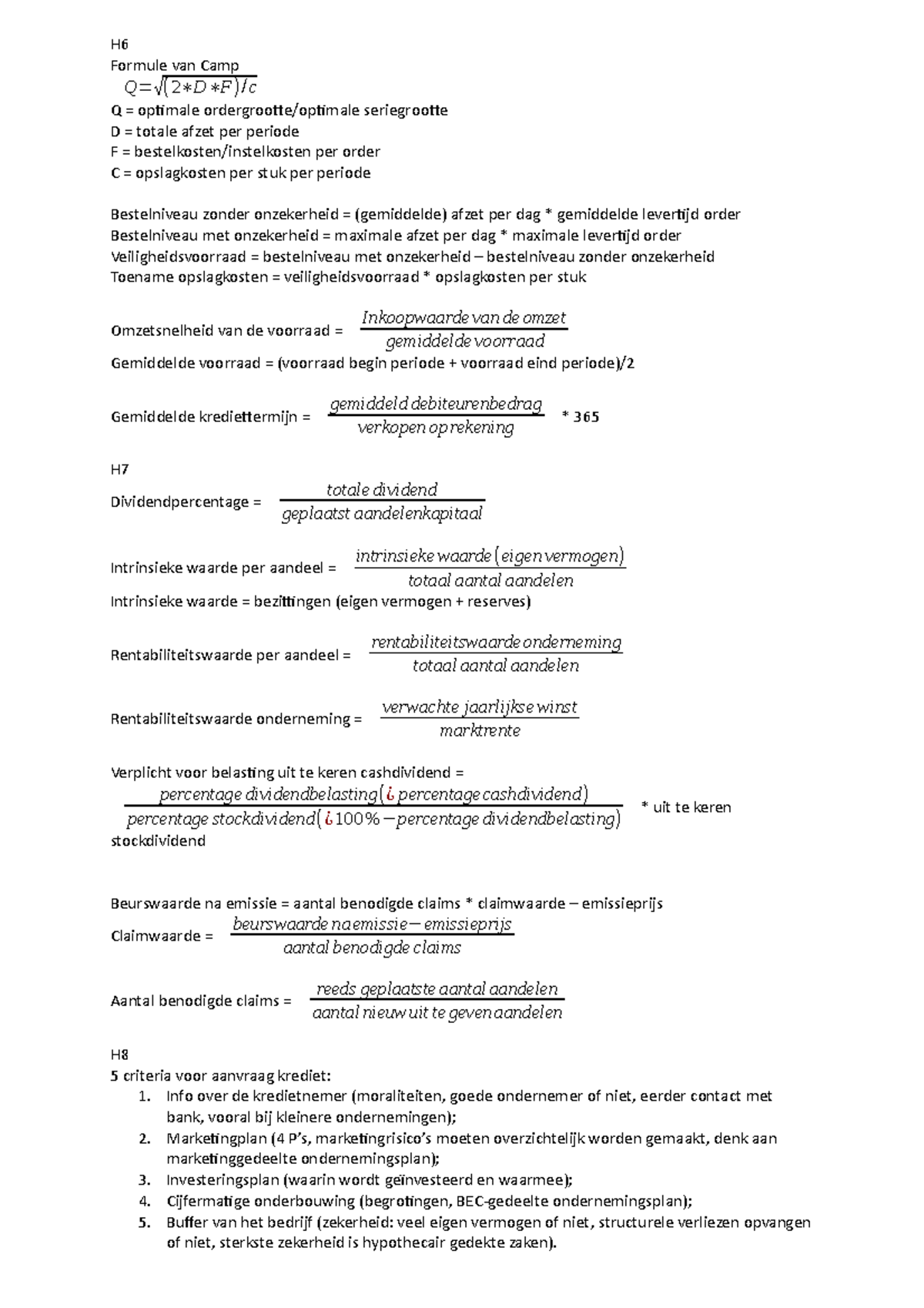 Basisboek Bedrijfseconomie formules H6, H7 en H8 - H Formule van Camp Q ...
