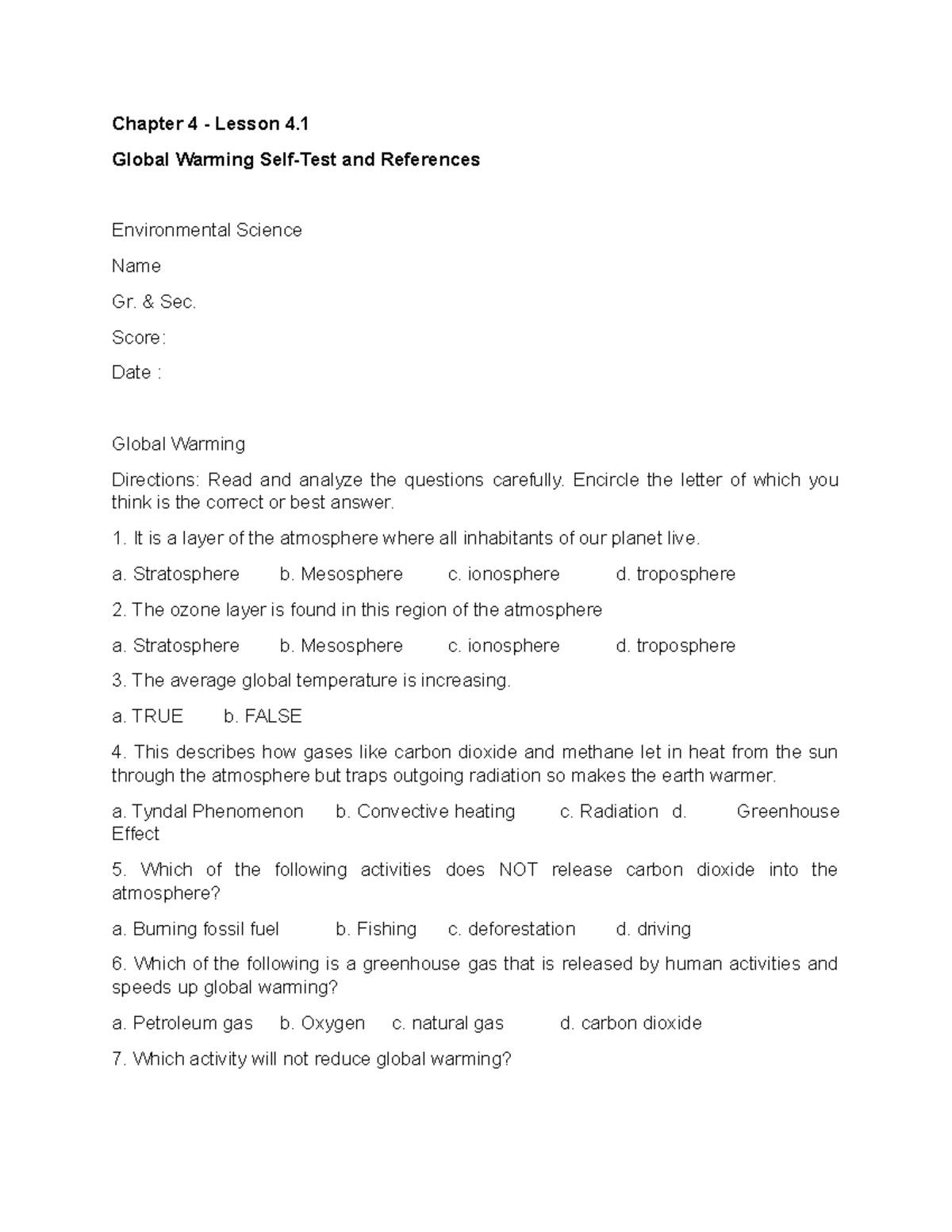 Lesson 4.1 Global Warming Self Test and References - Chapter 4 - Lesson ...