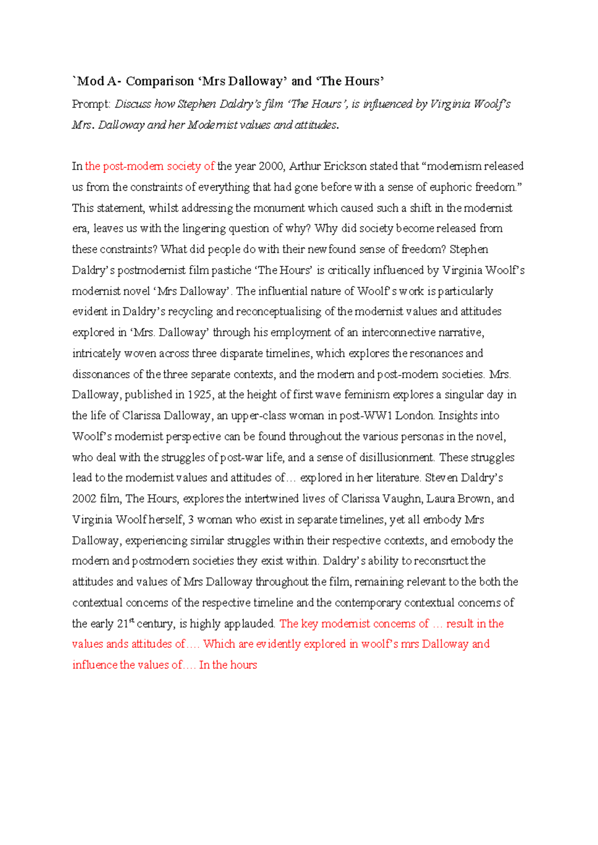Mod A Essay speech, Mrs Dalloway/ The Hours - `Mod A- Comparison ‘Mrs ...