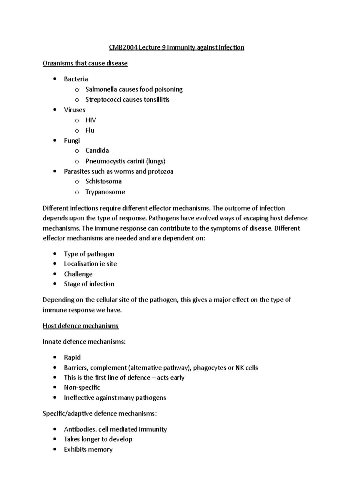 Lecture 9 Immunity Against Infection Cmb2004 Lecture 9 Immunity