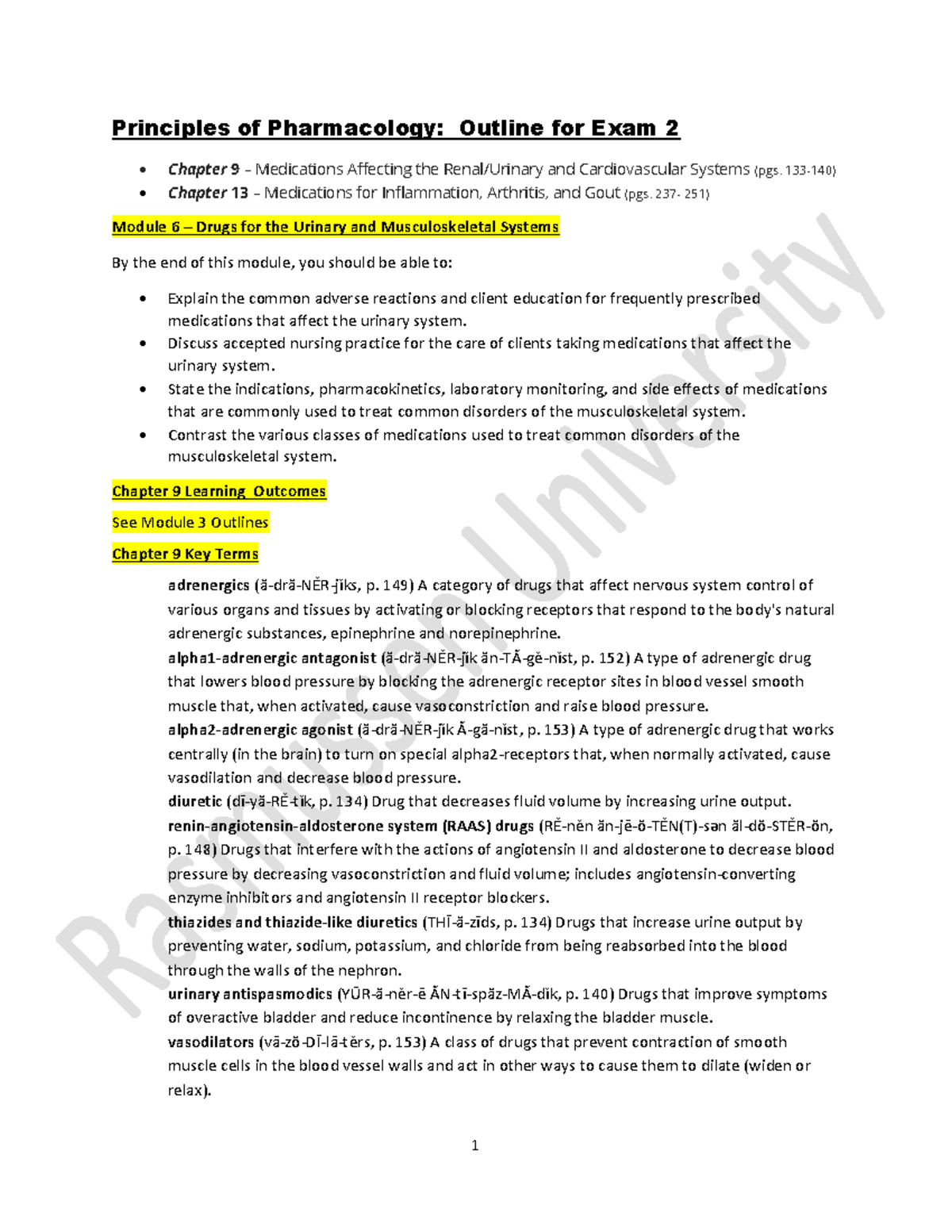 Outline Module 6 - lpn - Principles of Pharmacology: Outline for Exam 2 ...