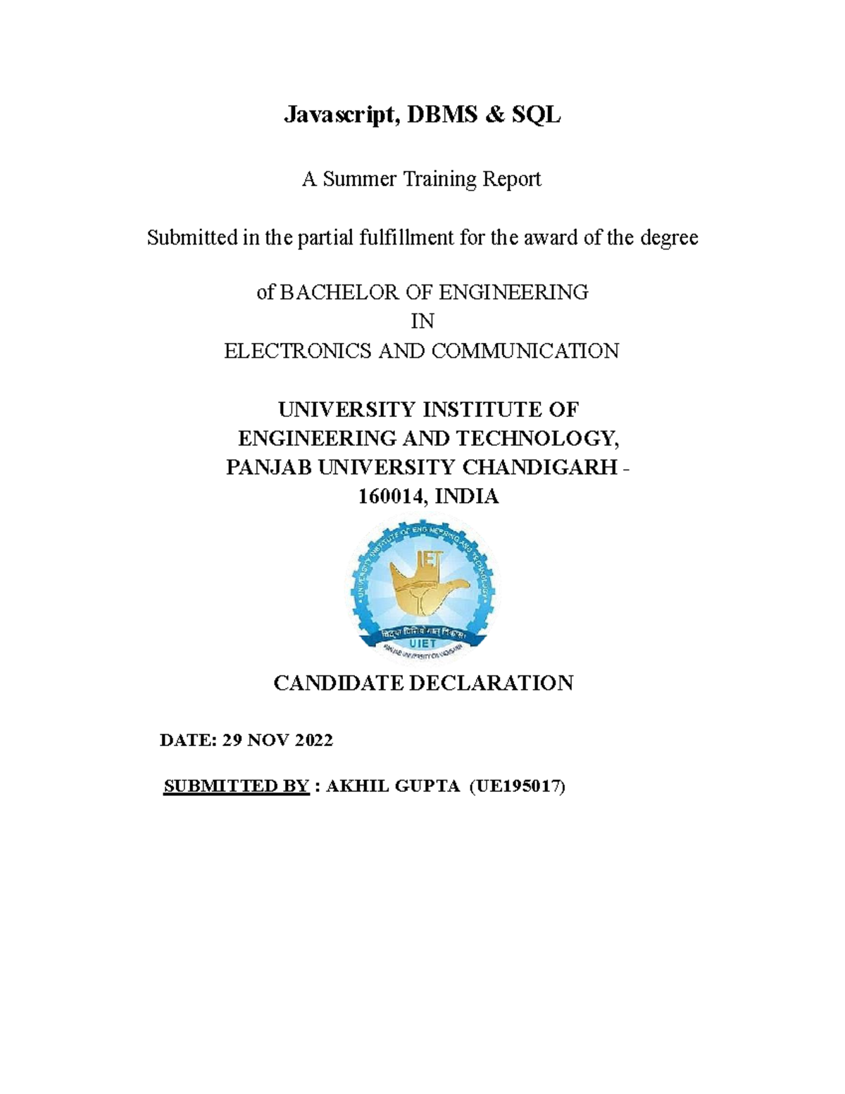 UE195017 IPD - Javascript, DBMS & SQL A Summer Training Report ...