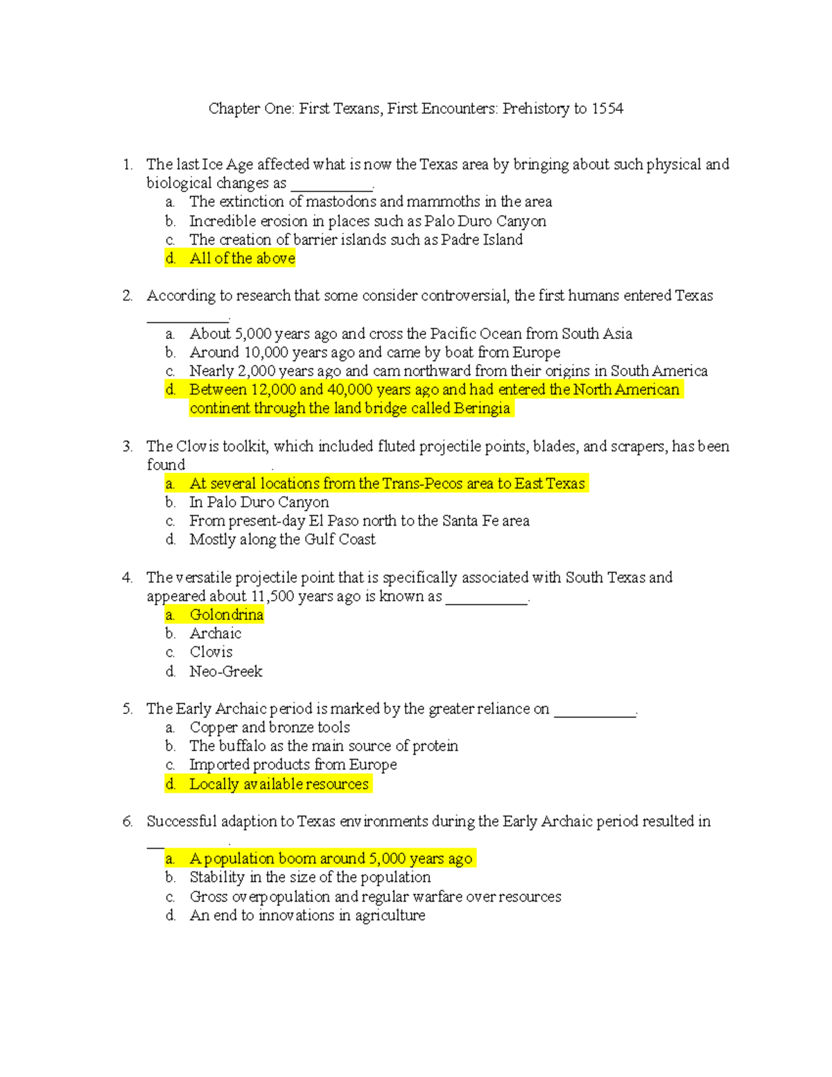 HIST 2301 Chapter One Quiz Answers - Chapter One: First Texans, First ...