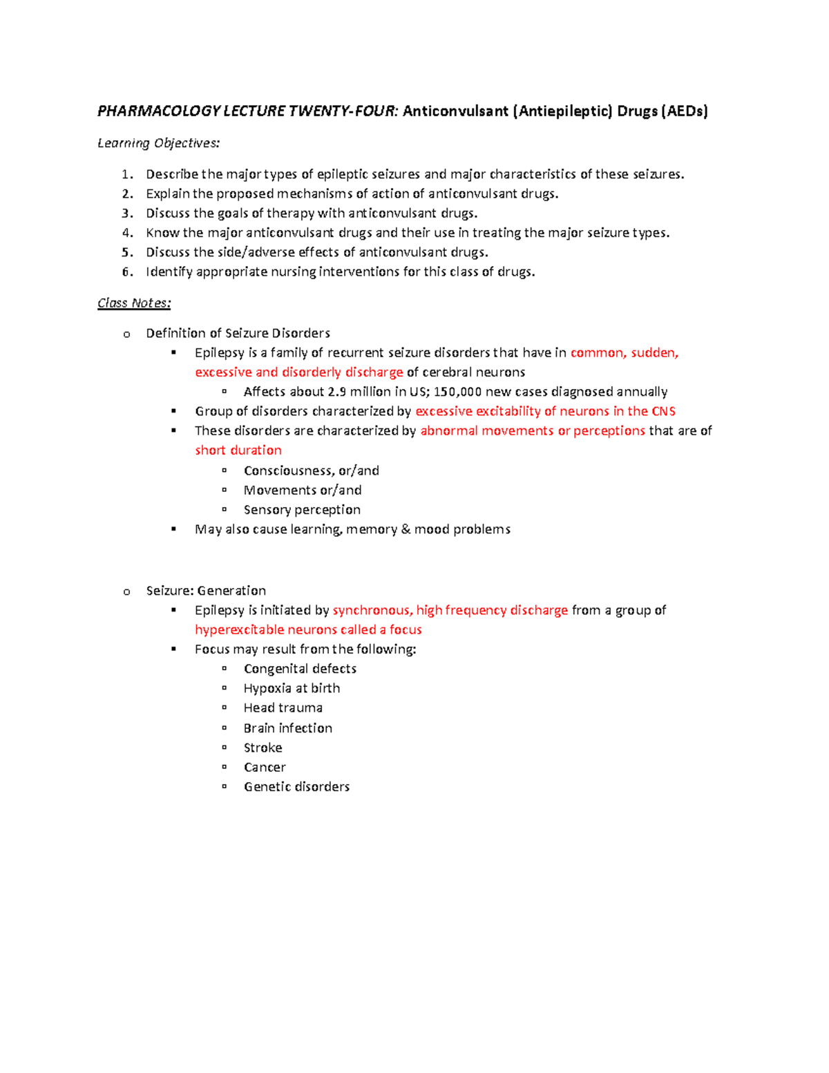 Pharm Lecture 24 - Anticonvulsant (Antiepileptic) Drugs (AEDs ...
