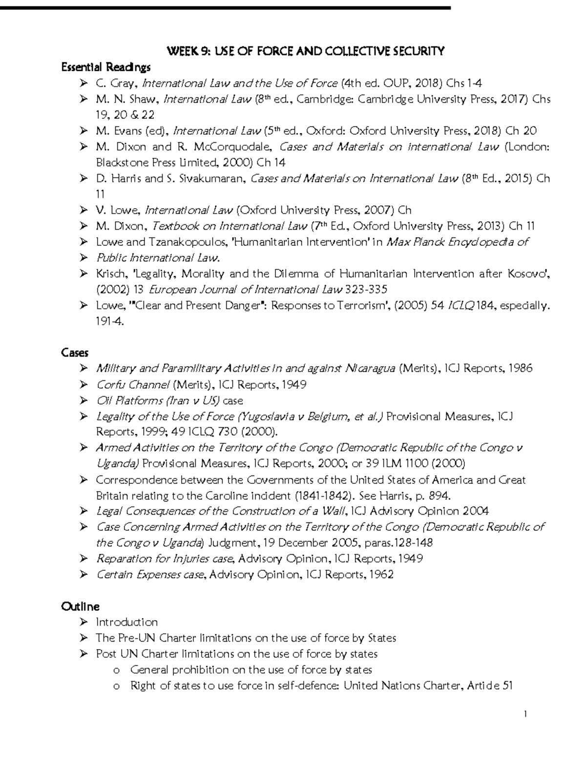 Week 10-Public International Law Handout - WEEK 9 : USE OF FORCE AND ...