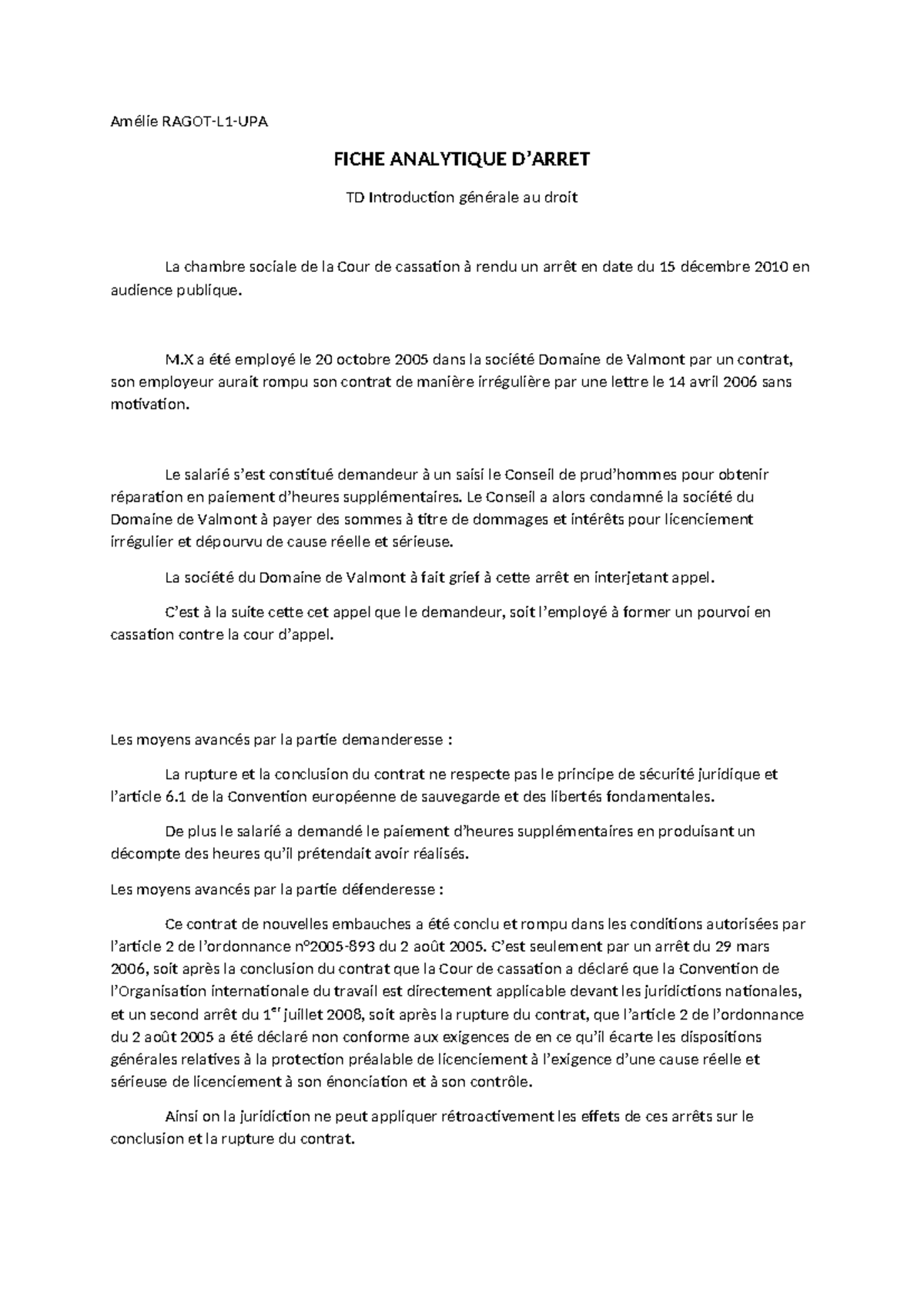 Fiche d'arrêt séance 5 - Amélie RAGOT-L1-UPA FICHE ANALYTIQUE D’ARRET TD Introduction générale ...