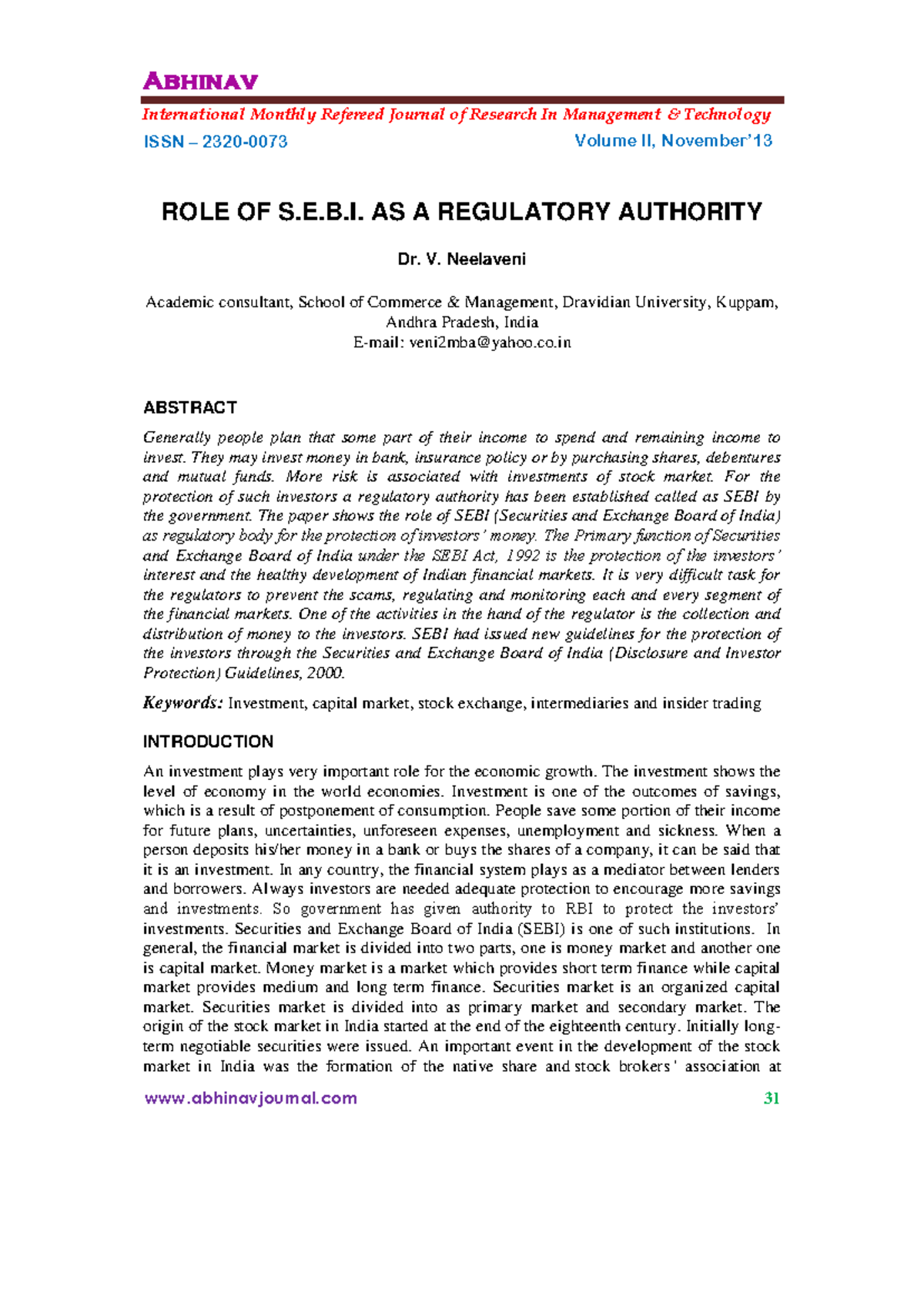 Role of sebi - role of sbi - International Monthly Refereed Journal of ...