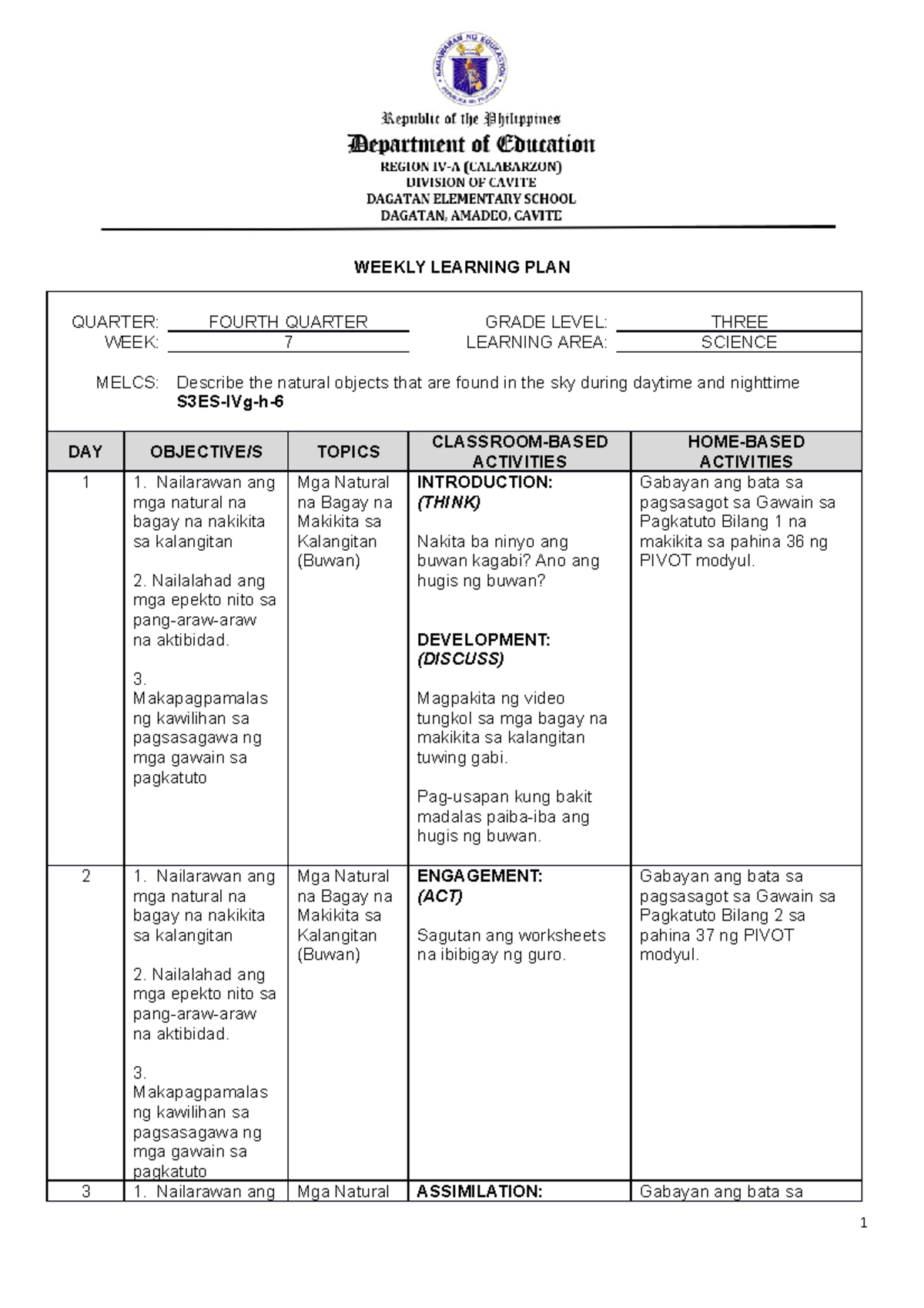 WLP Q4 W8 Science - WEEKLY LEARNING PLAN QUARTER: WEEK: MELCS: FOURTH ...