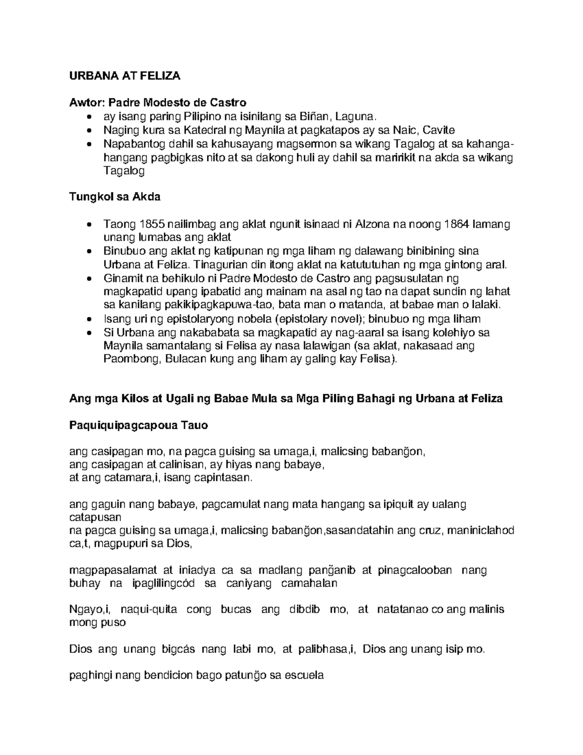 Urbana-at-Feliza - Panitikan - URBANA AT FELIZA Awtor: Padre Modesto de Castro - ay isang paring ...