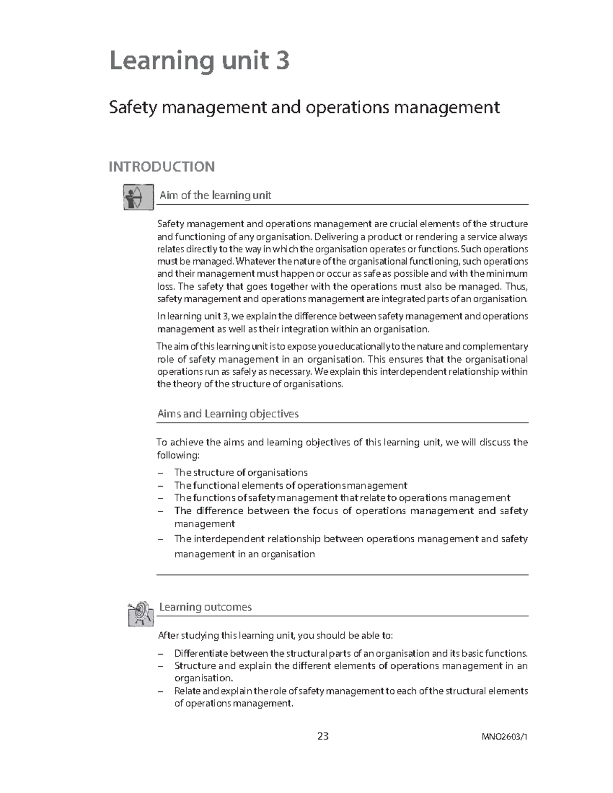 MNO2603 Study Guide LU3 - 23 MNO2603/ Learning unit 3 Safety management ...