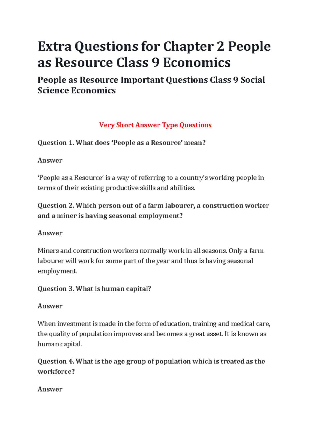 Economic Class 9 - Extra Questions for Chapter 2 People as Resource Class 9 Economics People as ...