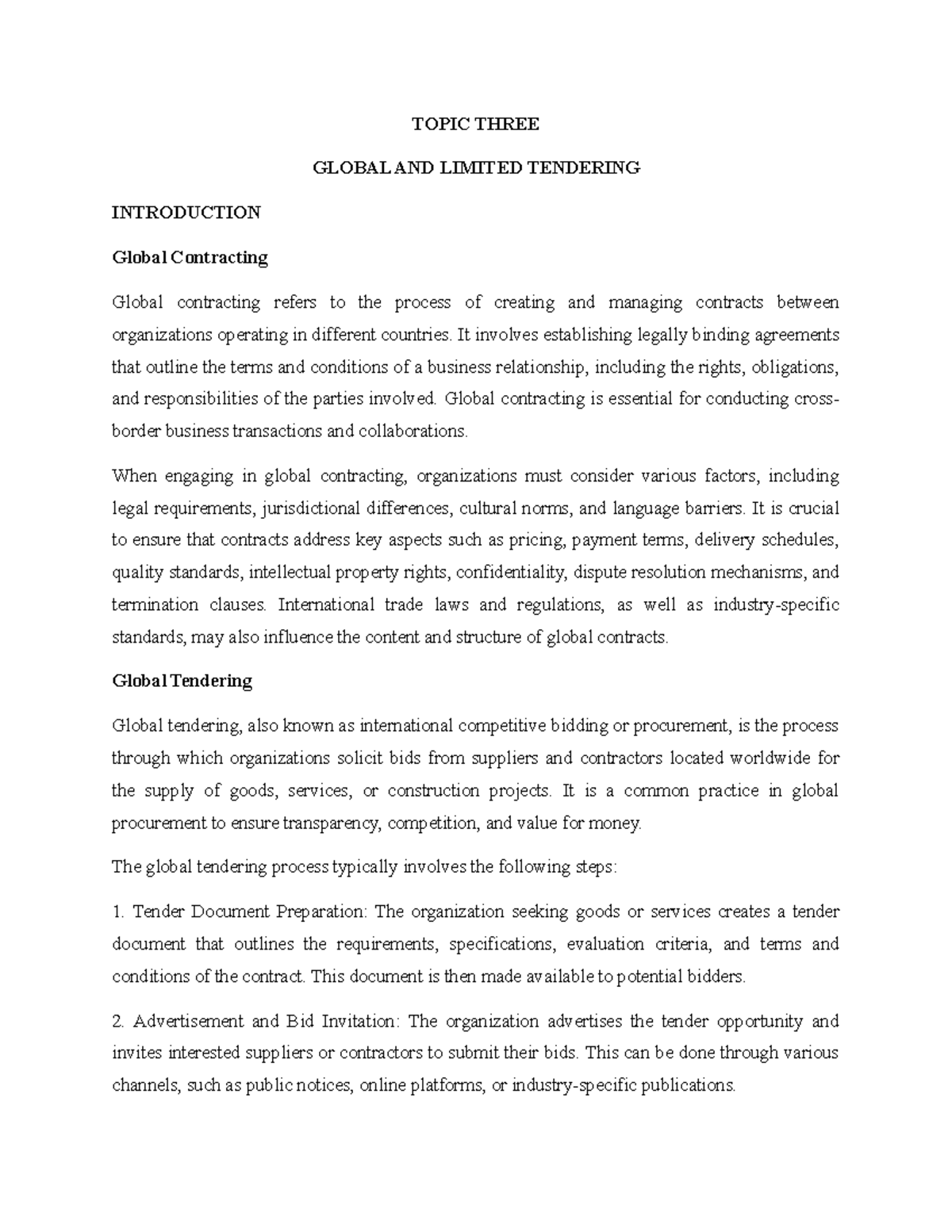 Global AND Limited Tendering - TOPIC THREE GLOBAL AND LIMITED TENDERING ...