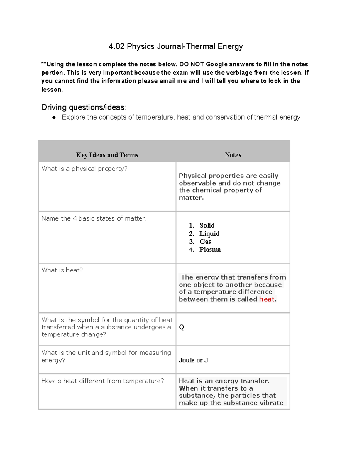 Copy of 4.02 Physics Journal-Thermal Energy - 4 Physics Journal-Thermal ...