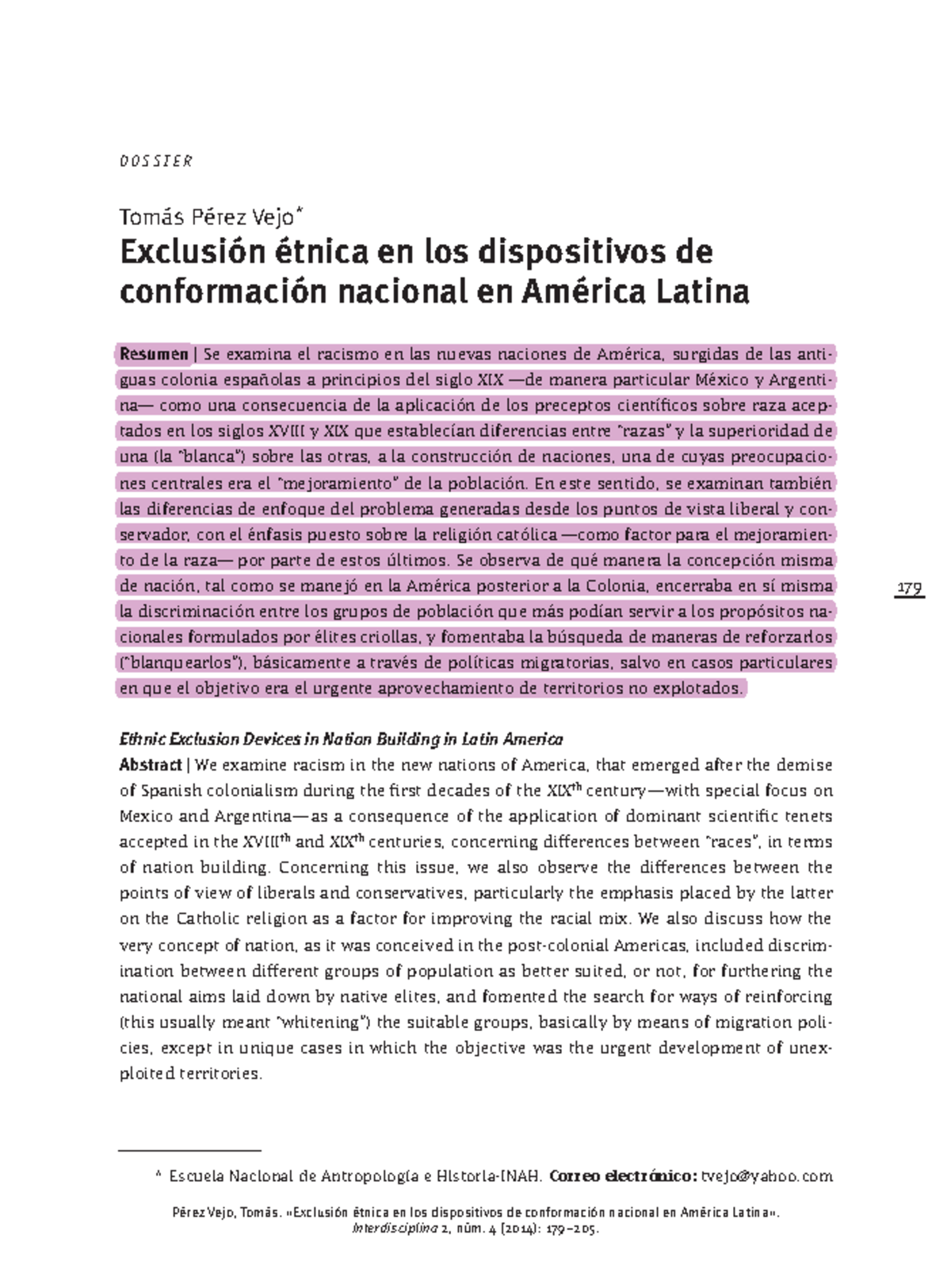 5. Pérez Vejo Tomás, Exclusion etnica - 179 DOSSIE R * Escuela Nacional ...