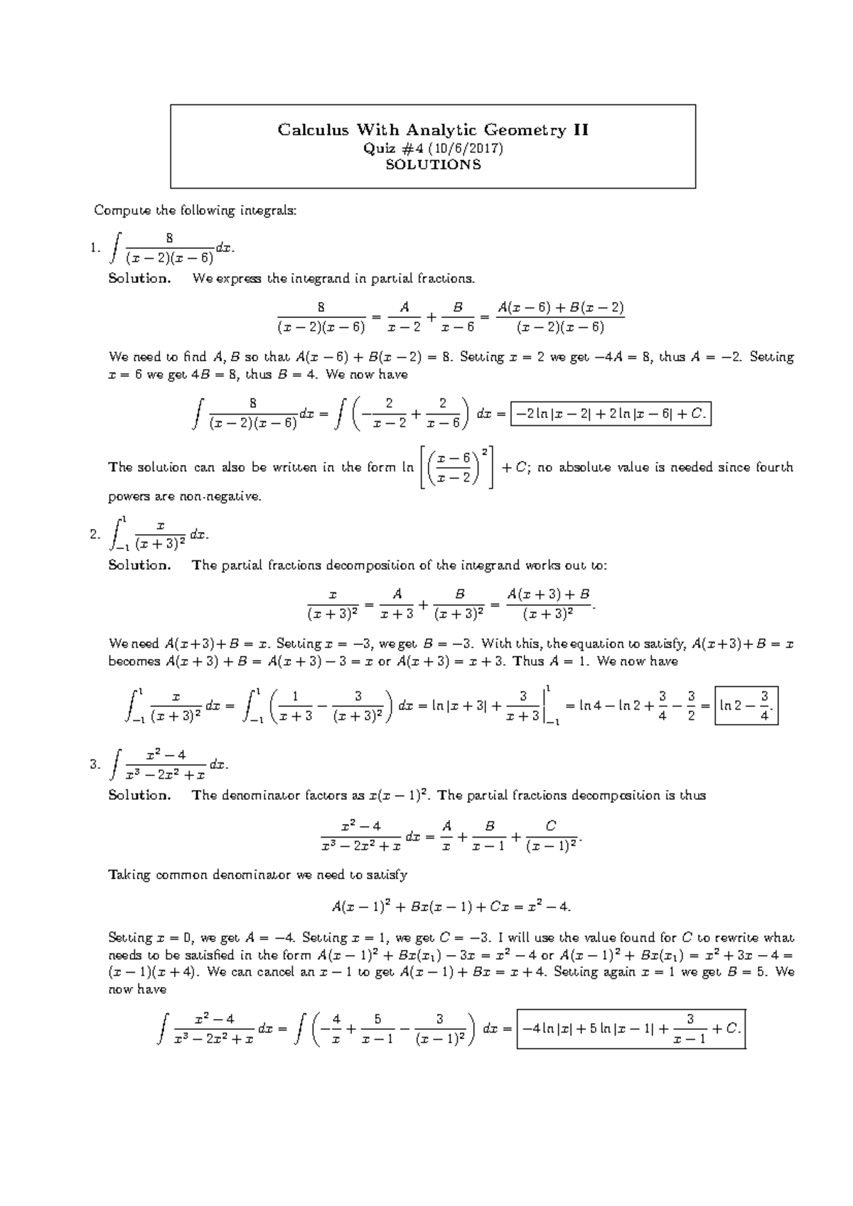 Quiz #4 Solutions - Calculus With Analytic Geometry II Quiz #4(10/6 ...