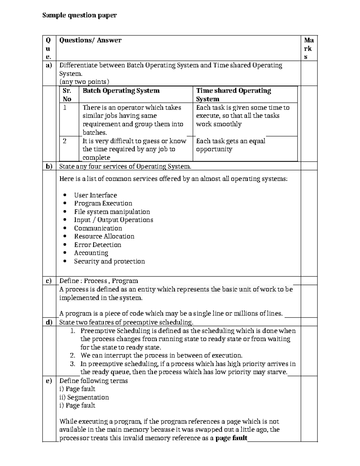 Sample-question-solved - Sample question paper Q u e. Questions/ Answer ...