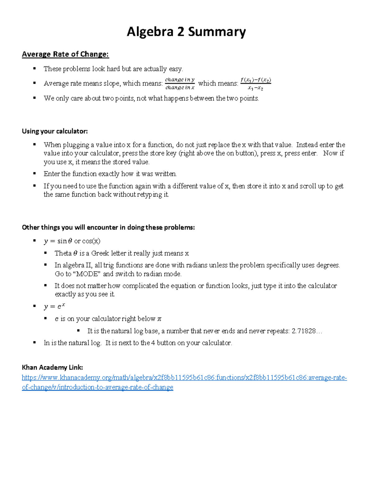 Algebra II Review Sheet Summary - Algebra 2 Summary Average Rate of ...