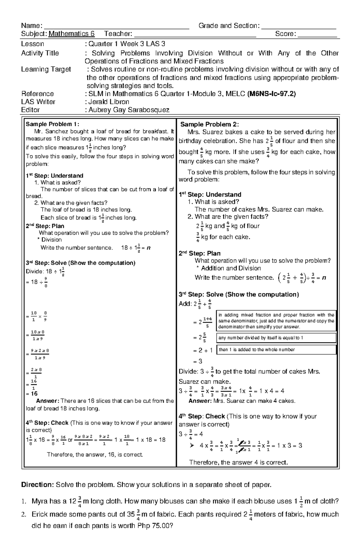 Math6 Q1 Week3 LAS3 2023 - Name ...