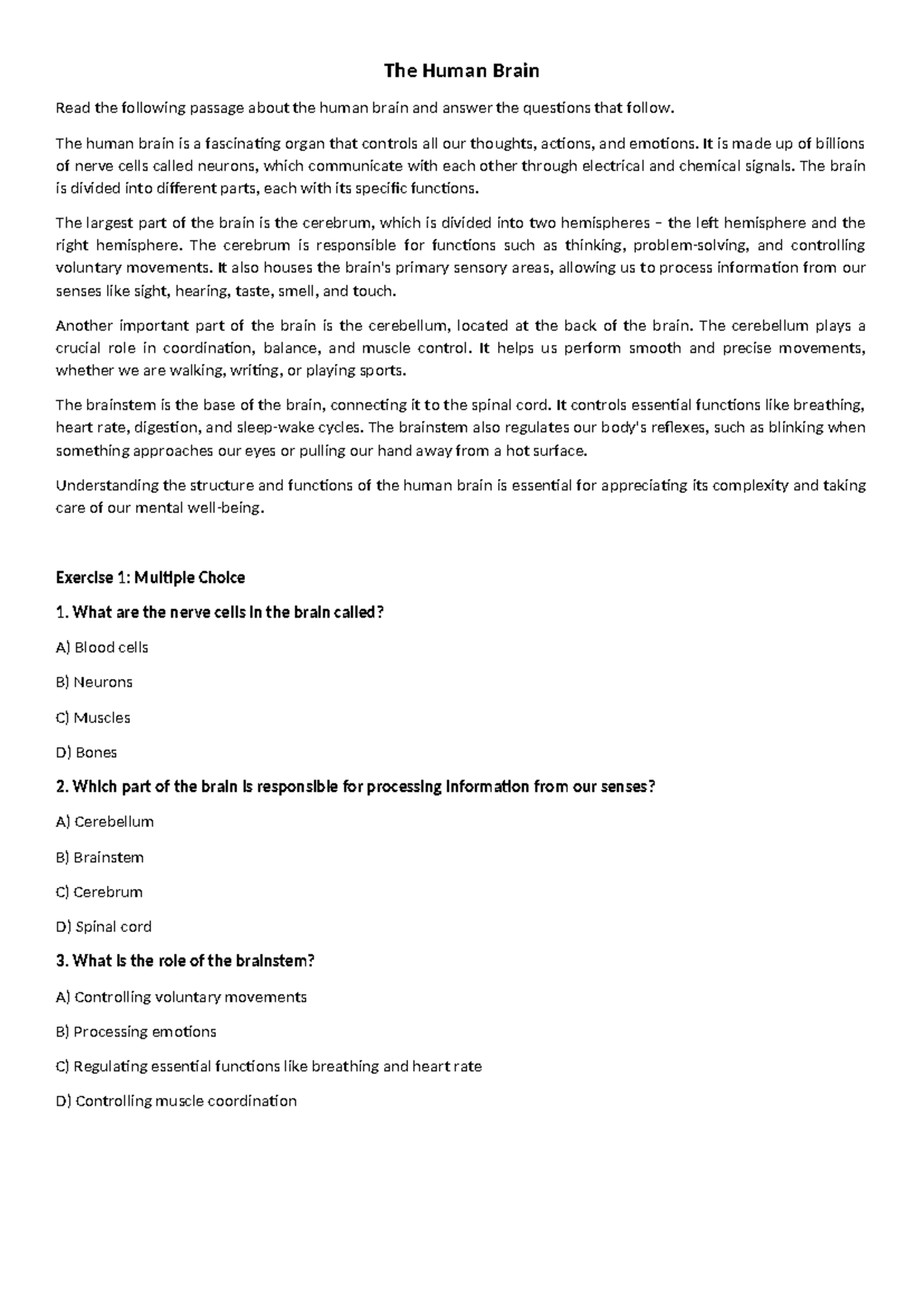 Reading The Human Brain - The Human Brain Read the following passage ...