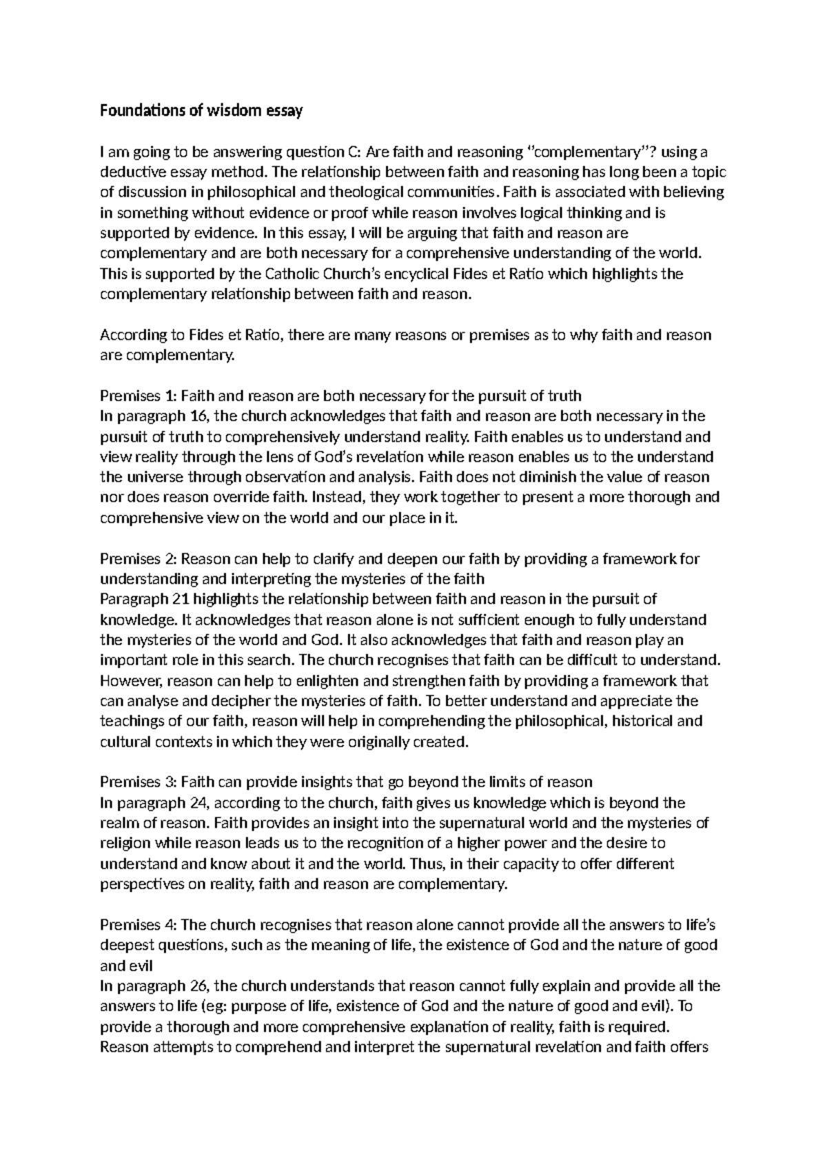 Foundations of wisdom essay - The relationship between faith and ...