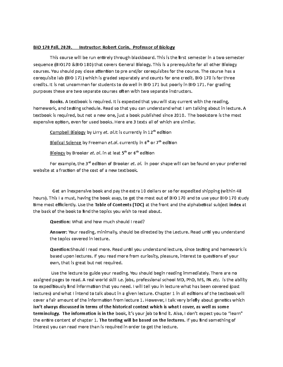 BIO 170 FALL 2020 Syllabus - BIO 170 Fall, 2020. Instructor: Robert ...