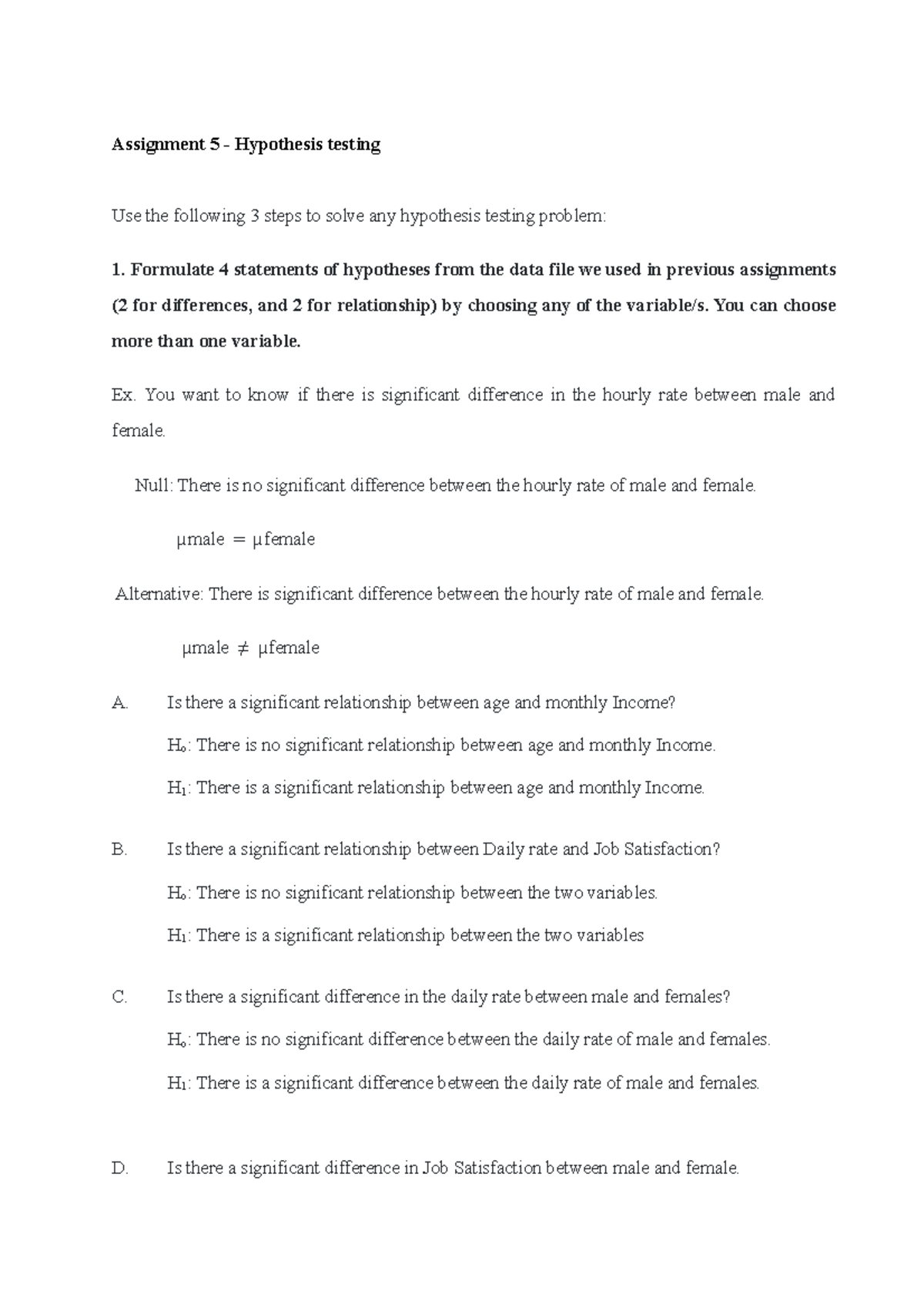 Assignment 5 Hypothesis Testing Assignment 5 Hypothesis Testing Use The Following 3 Steps