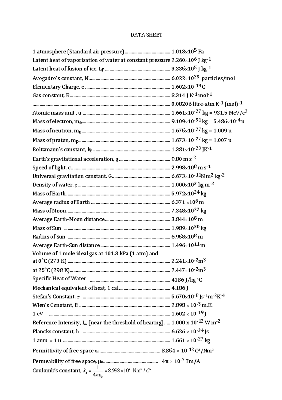 Data sheet 2015 - DATA SHEET 1 atmosphere (Standard air pressure) - Studocu