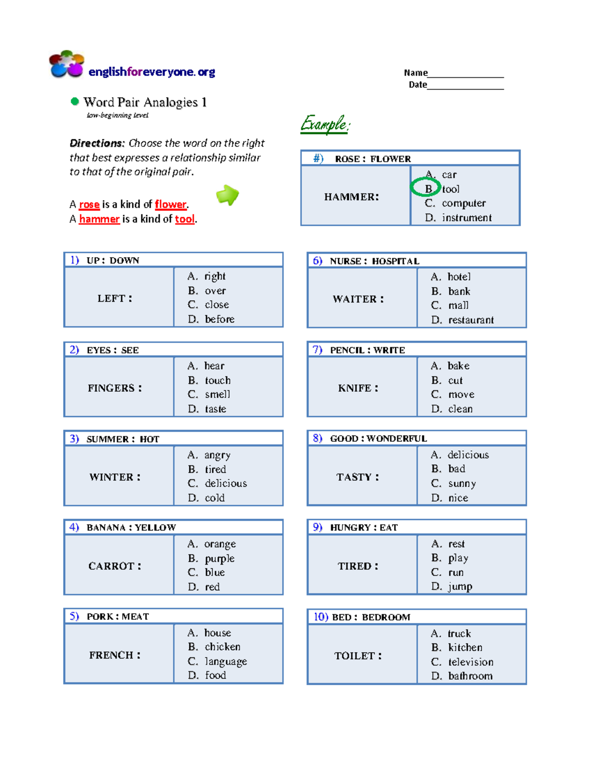 Beginning Analogies 1 - practice about different concepts ...