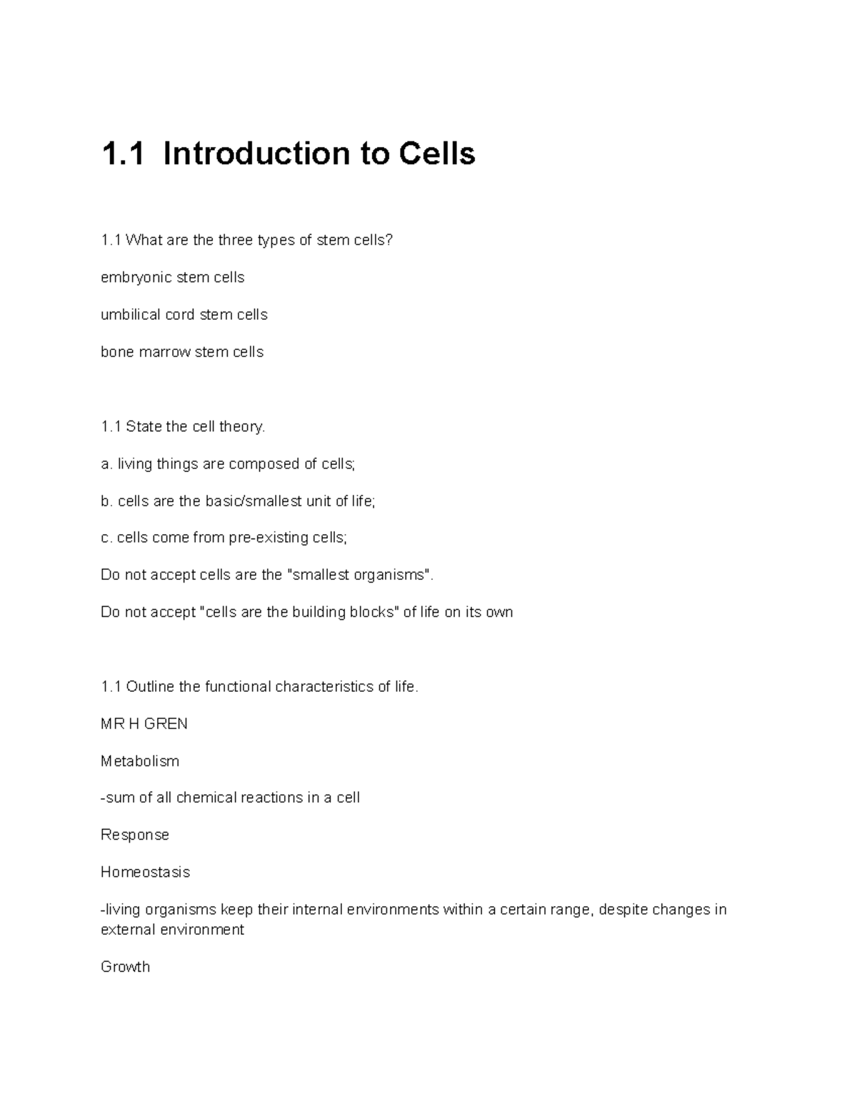 IB Biology 1.1 Introduction to cells - 1 Introduction to Cells 1 What ...