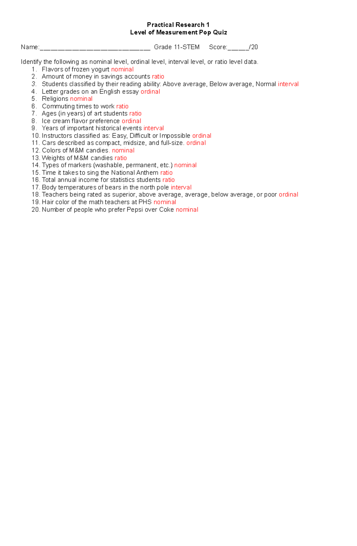 Levels of Measurement Quiz - Practical Research 1 Level of Measurement ...